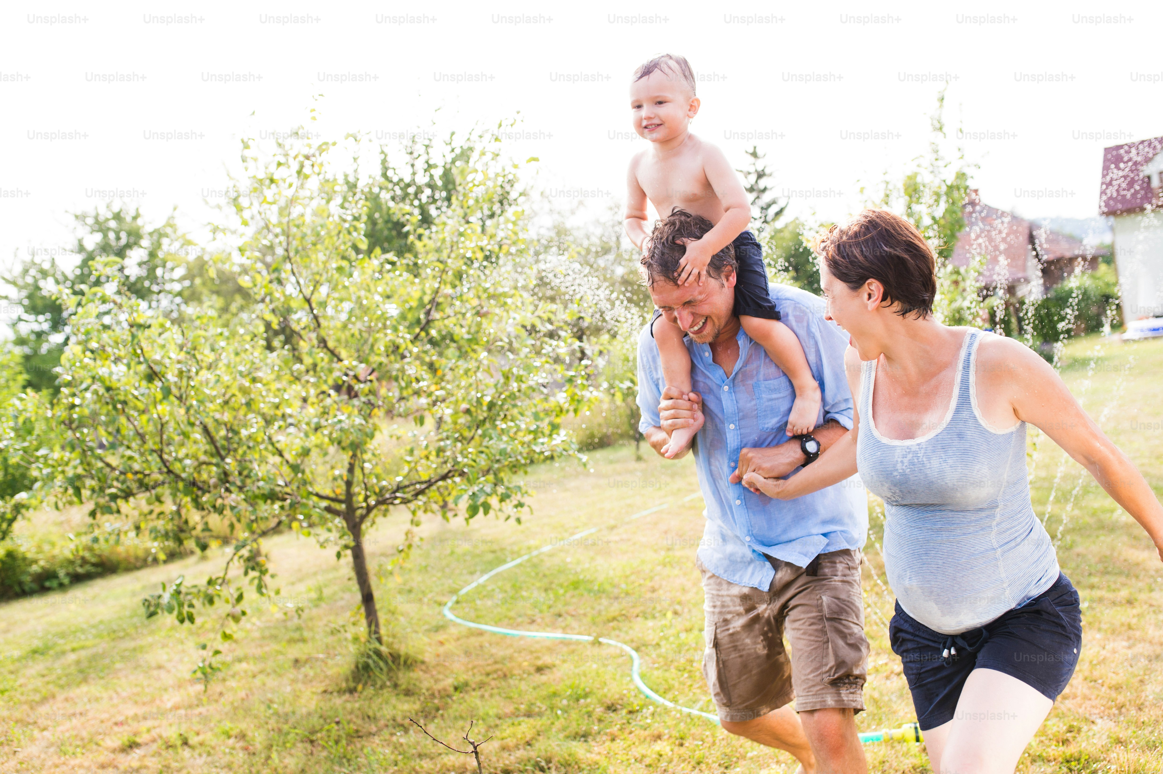 Little boy with mother and father at the sprinkler, fun in garden ...