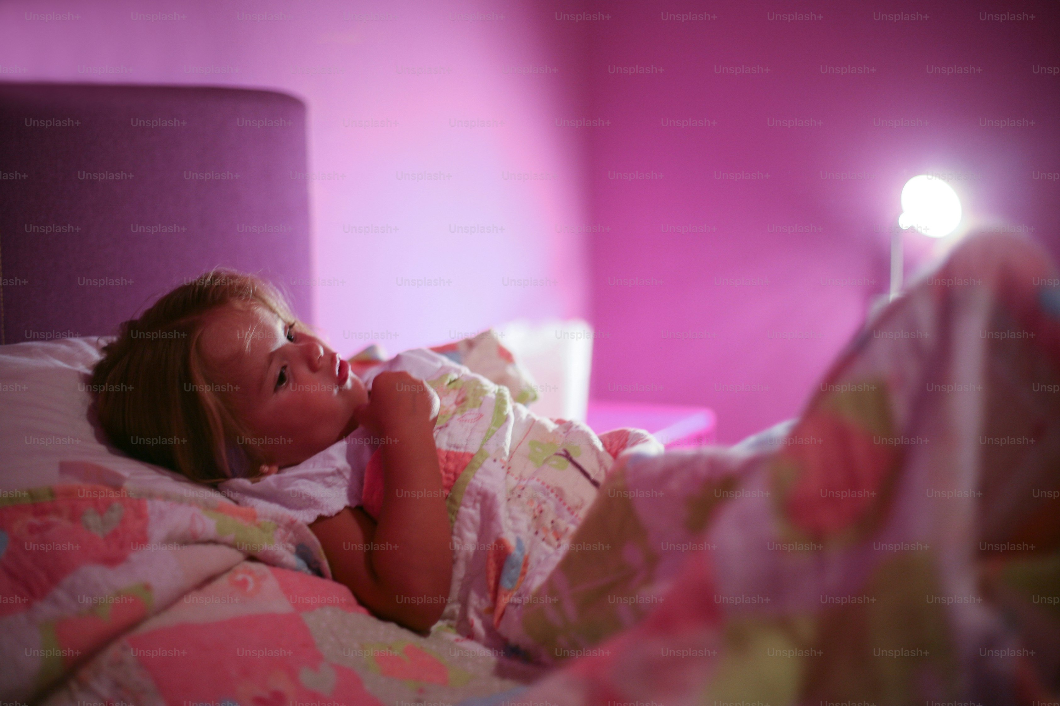 Cute blonde little girl felling fear when sleeping alone. photo – Home ...
