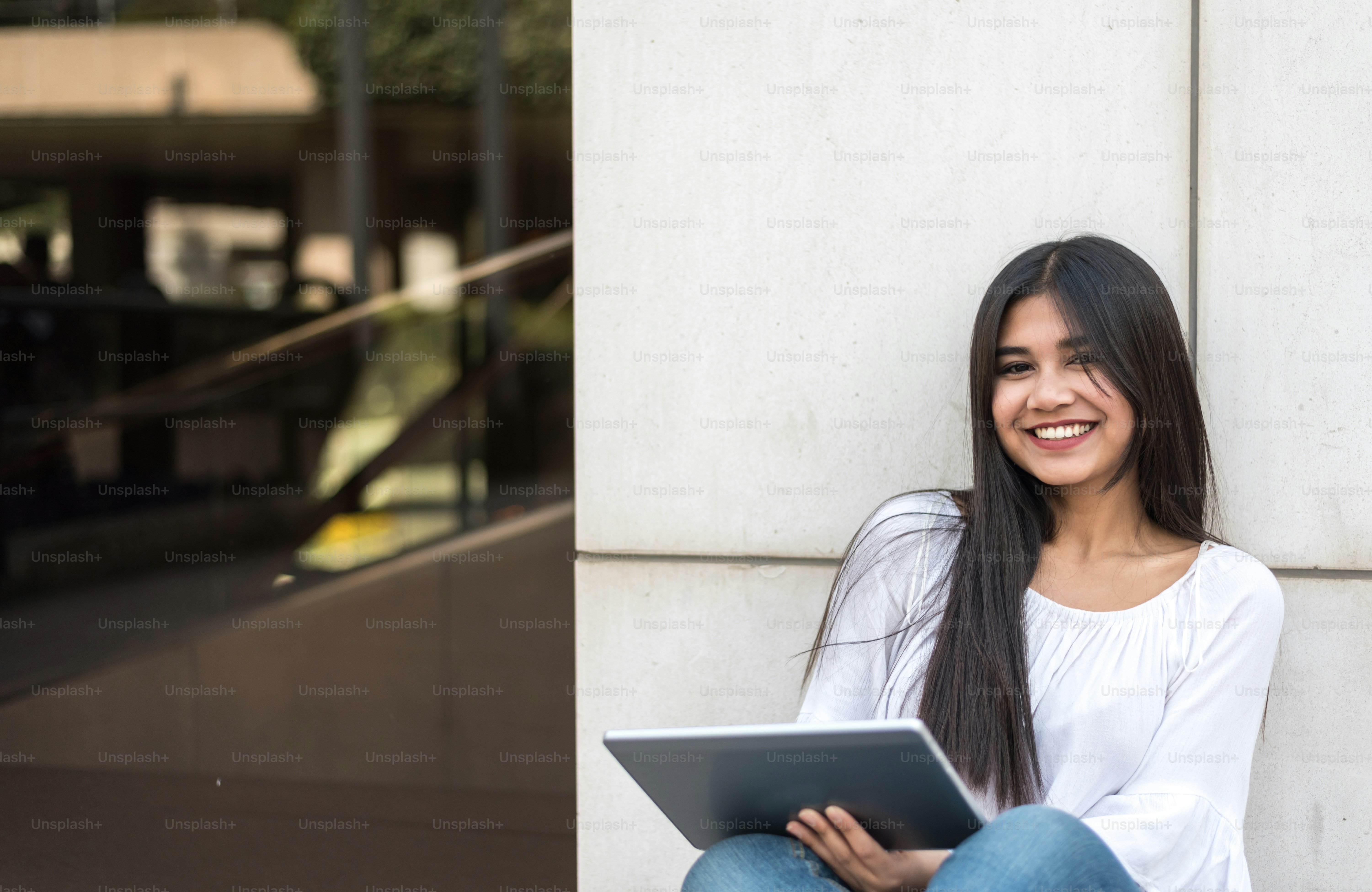 Close up portrait student young woman with tablet smiling photo ...