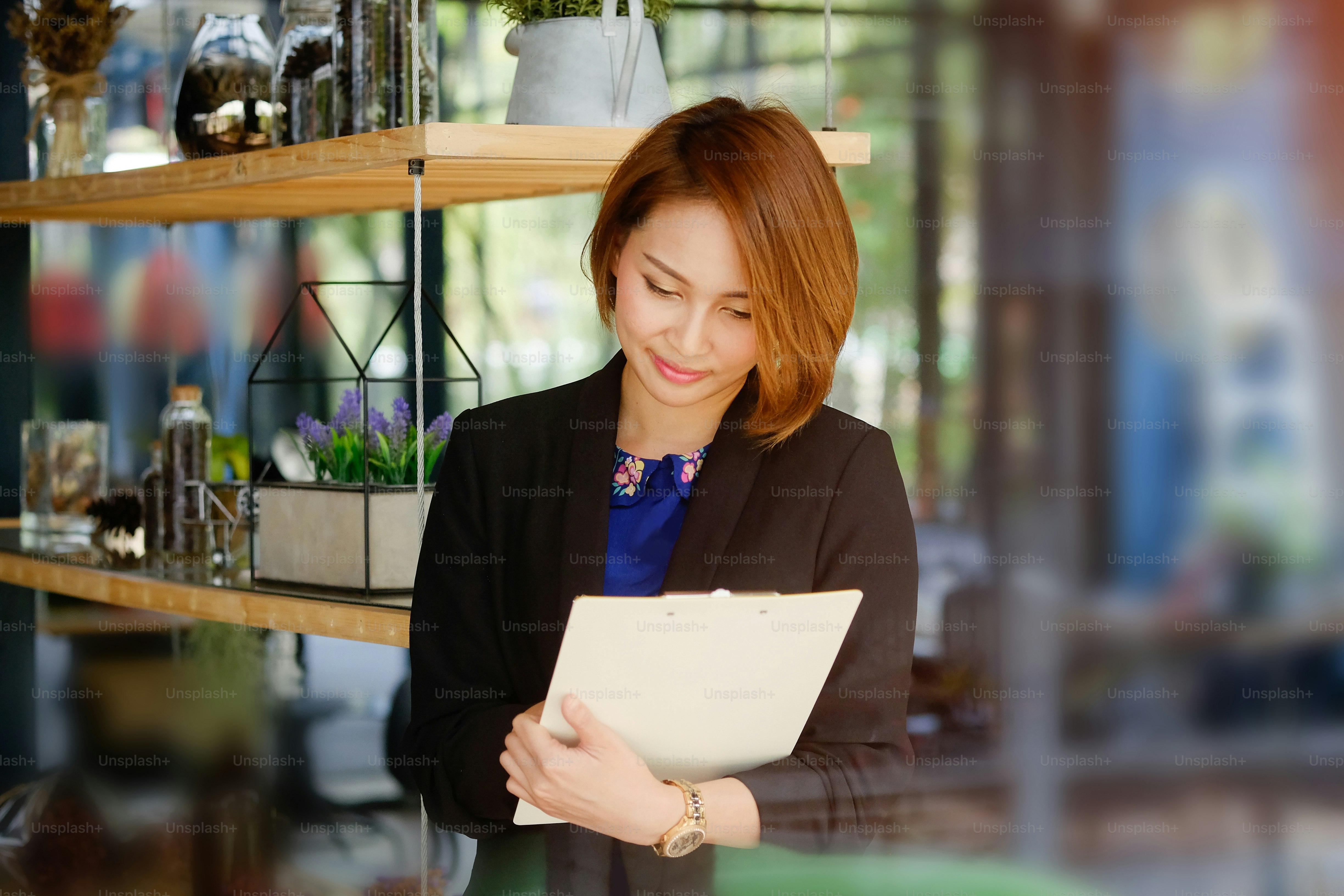 Portrait woman checklist on clipboard with business secretary. photo ...