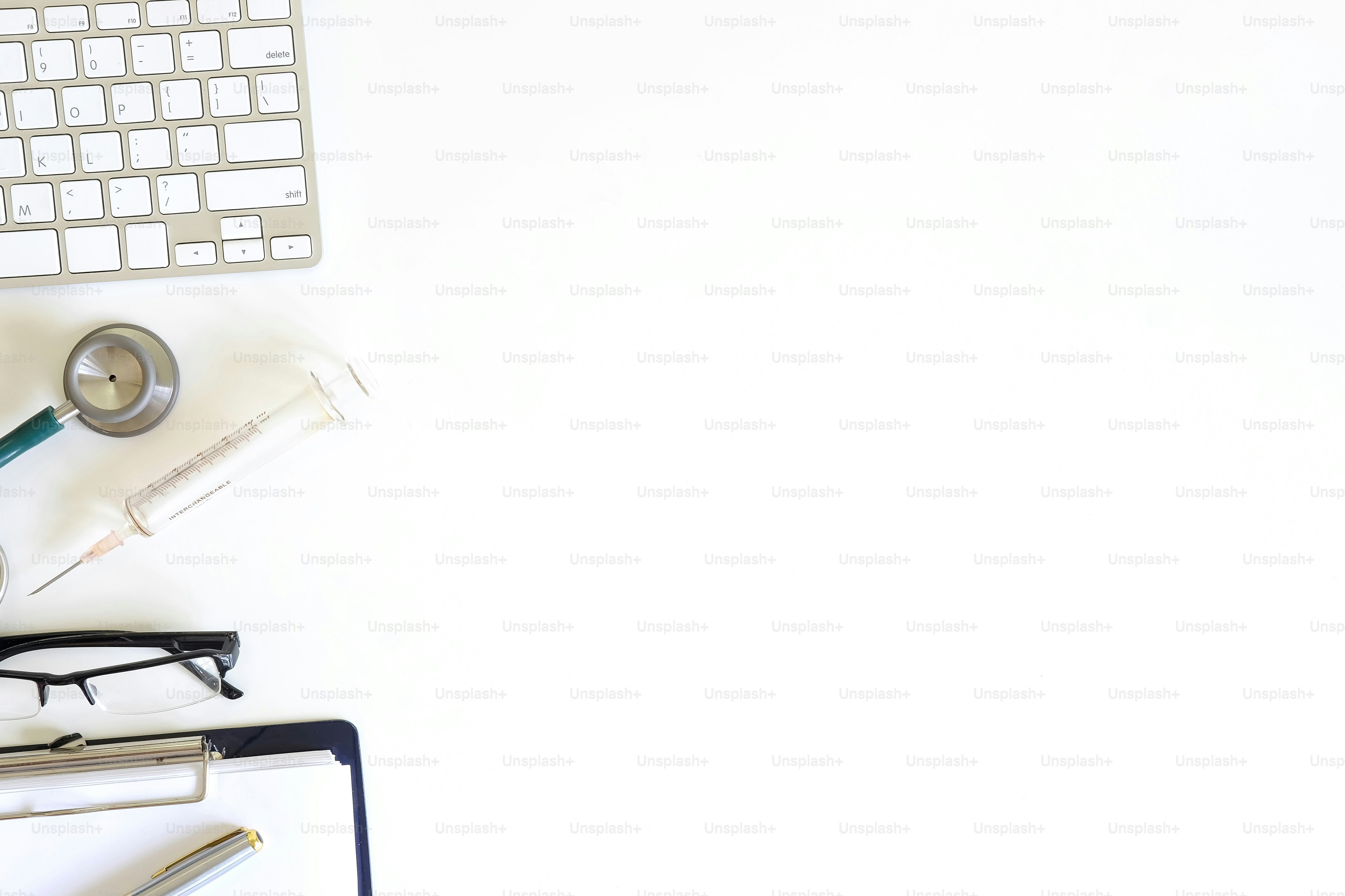 Doctor workspace with Medical equipment on white table with top view ...