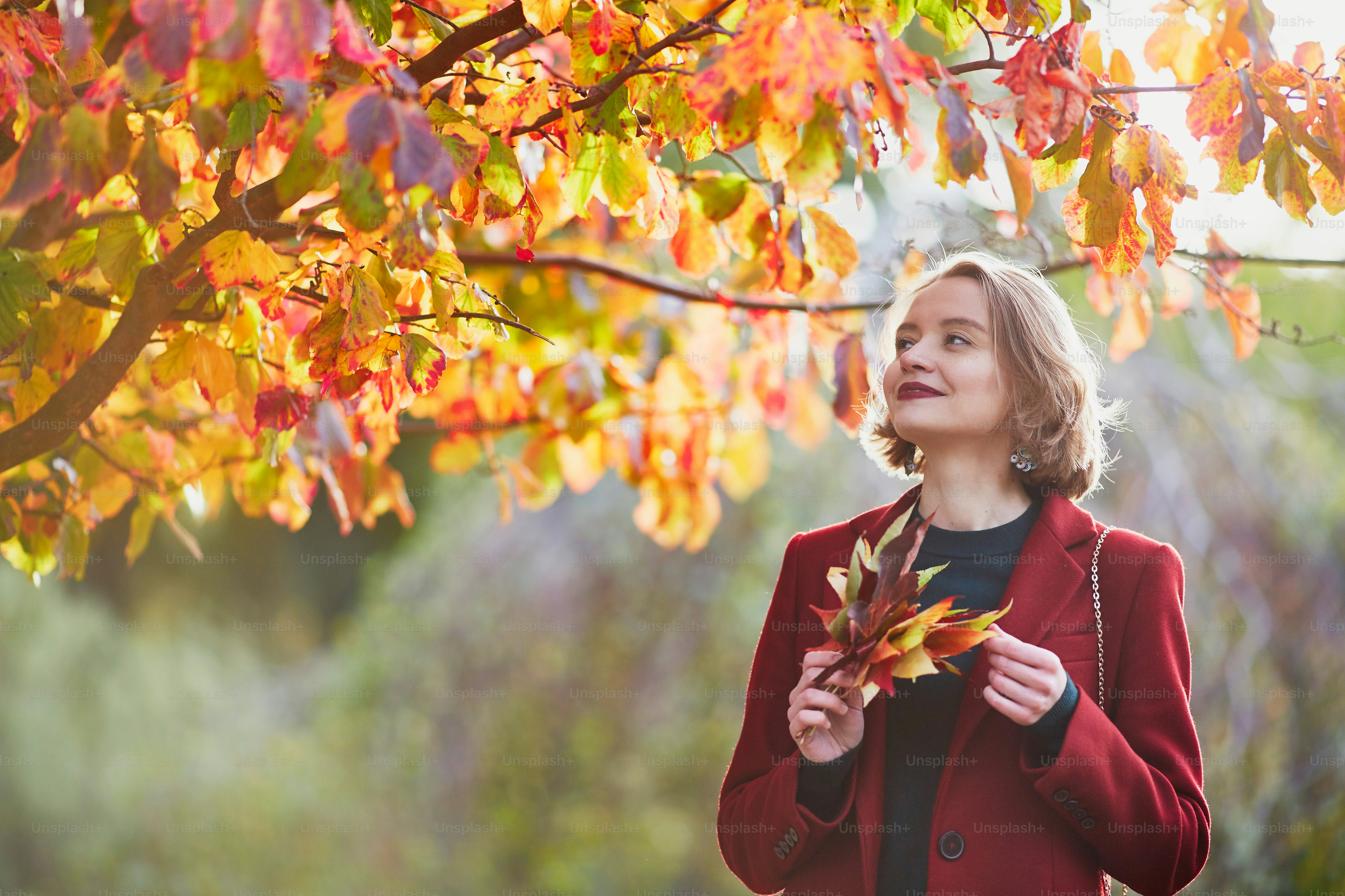 Beautiful young woman with bunch of colorful autumn leaves walking in ...