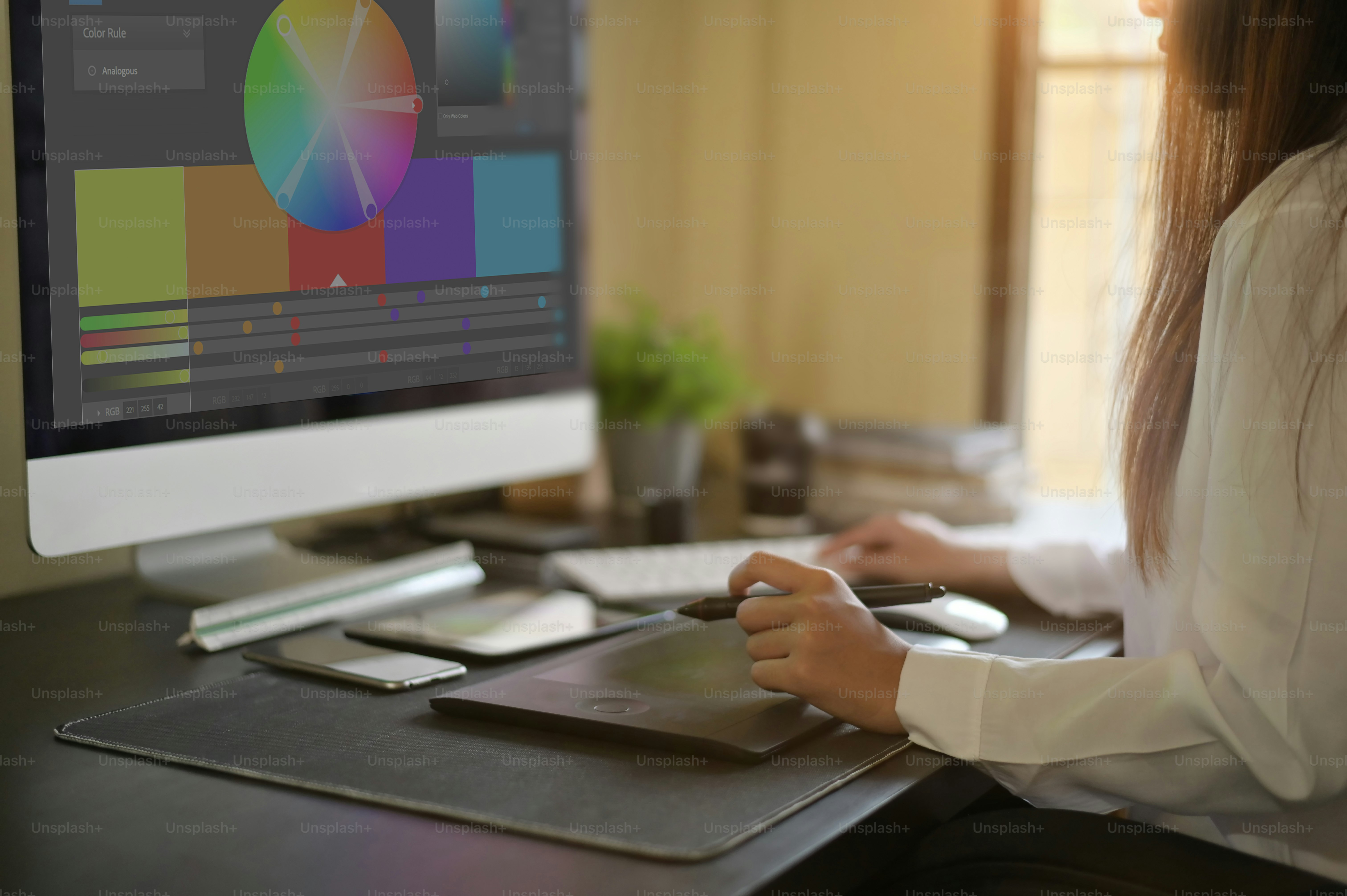 Graphic designer job, Woman using digital pen sketch on tablet and ...