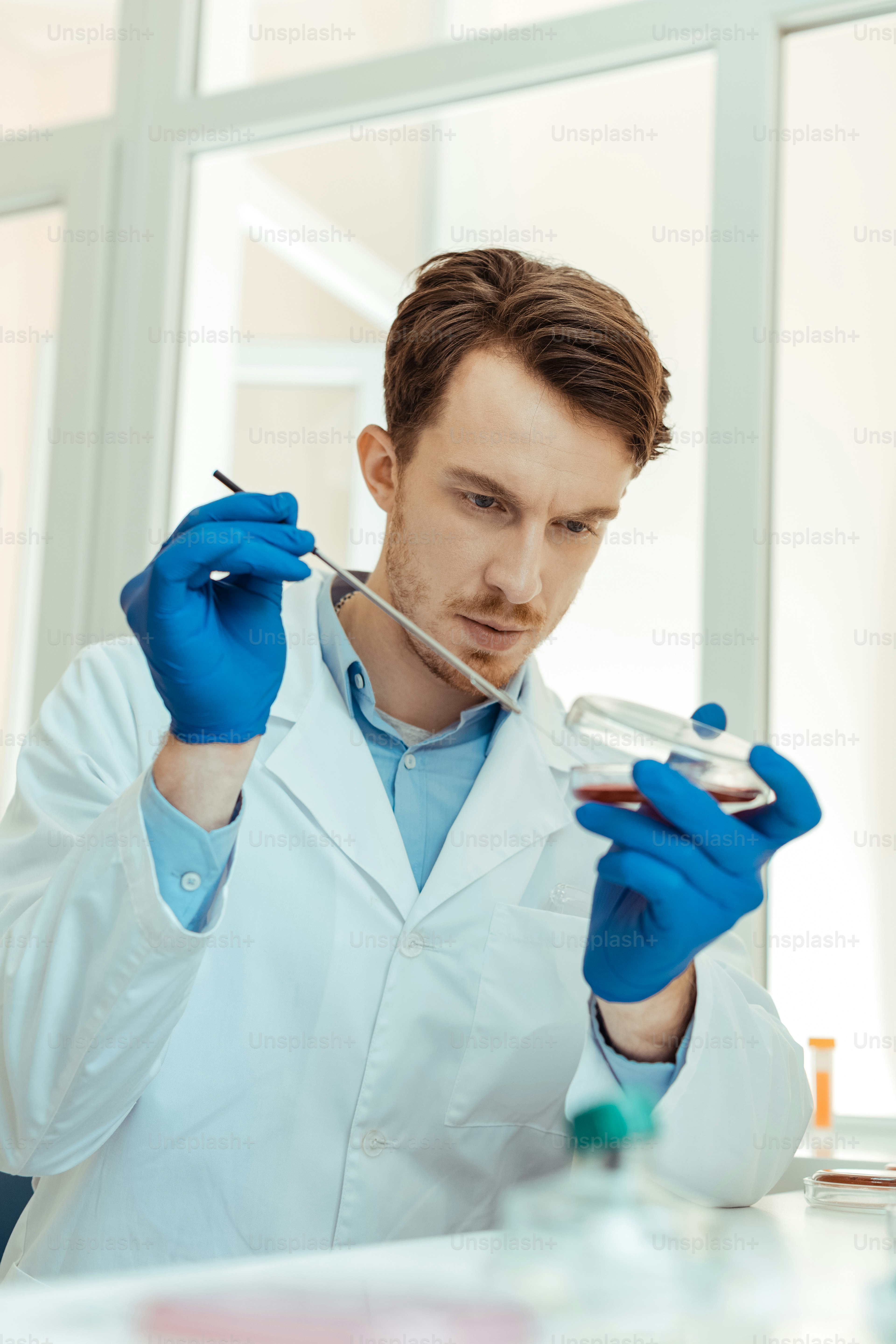 Scientific research. Smart bearded scientist standing in the lab while ...