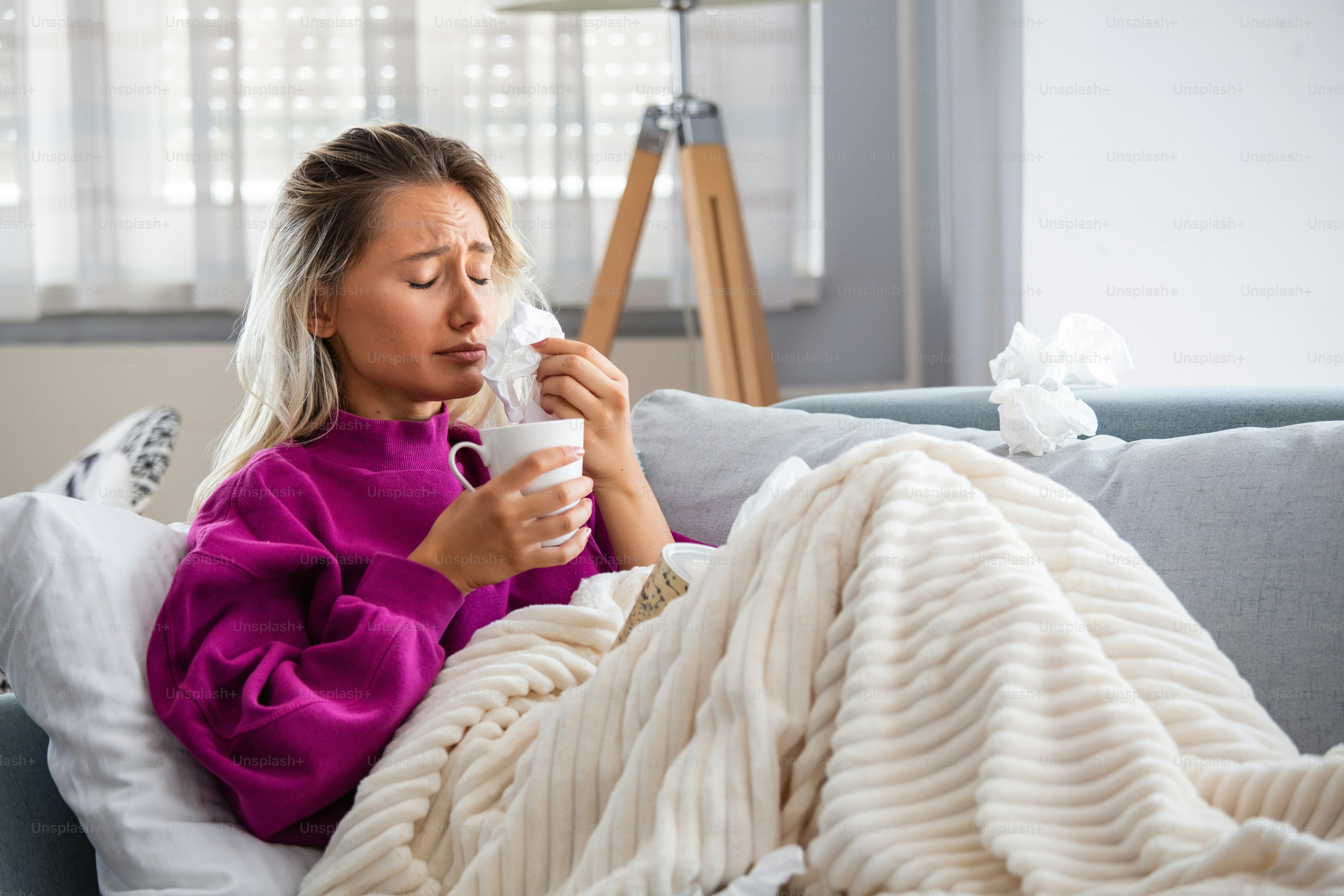 Cold And Flu. Portrait Of Ill Woman Caught Cold, Feeling Sick And ...
