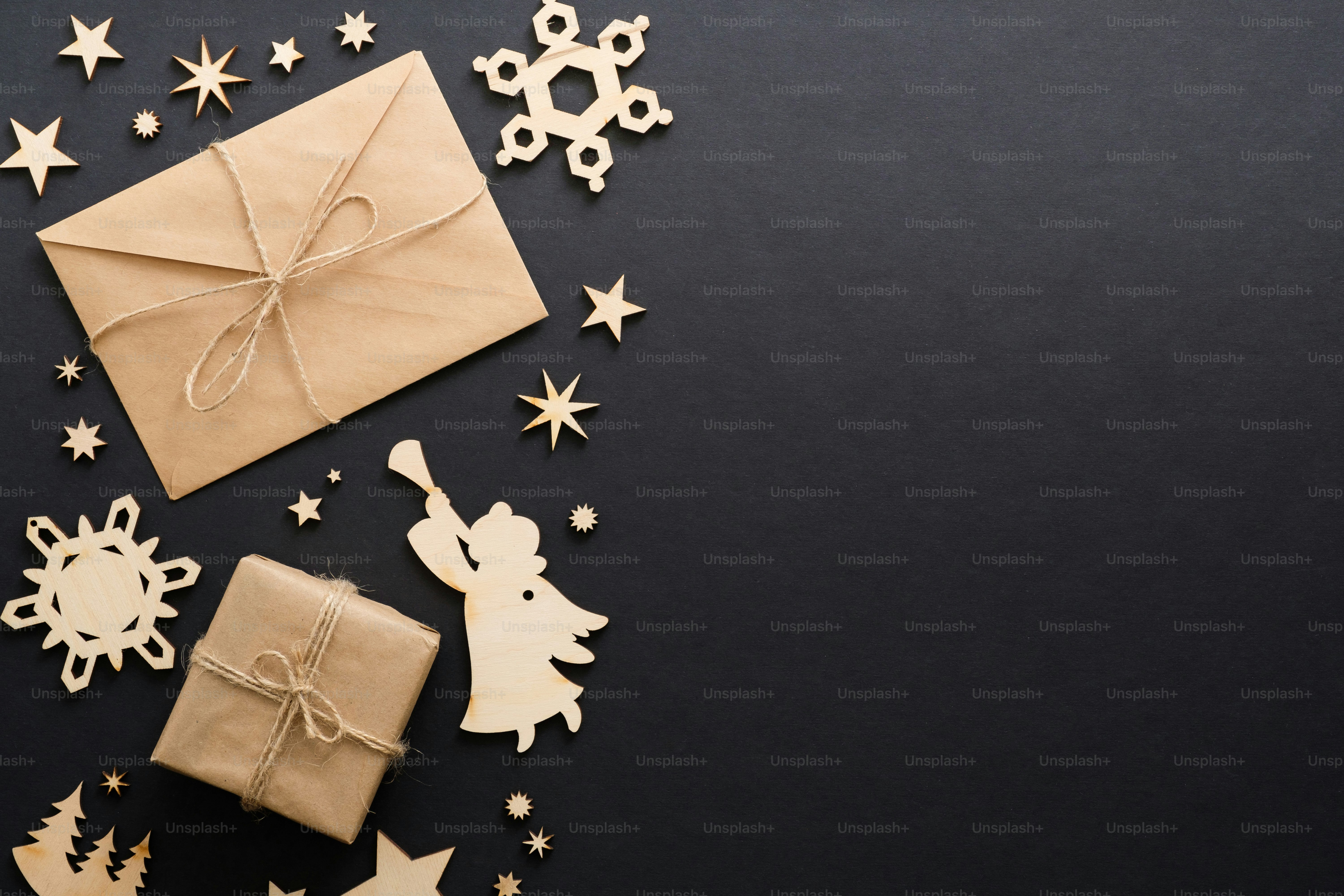 Christmas wooden decorations, gift box, kraft paper envelope with ...