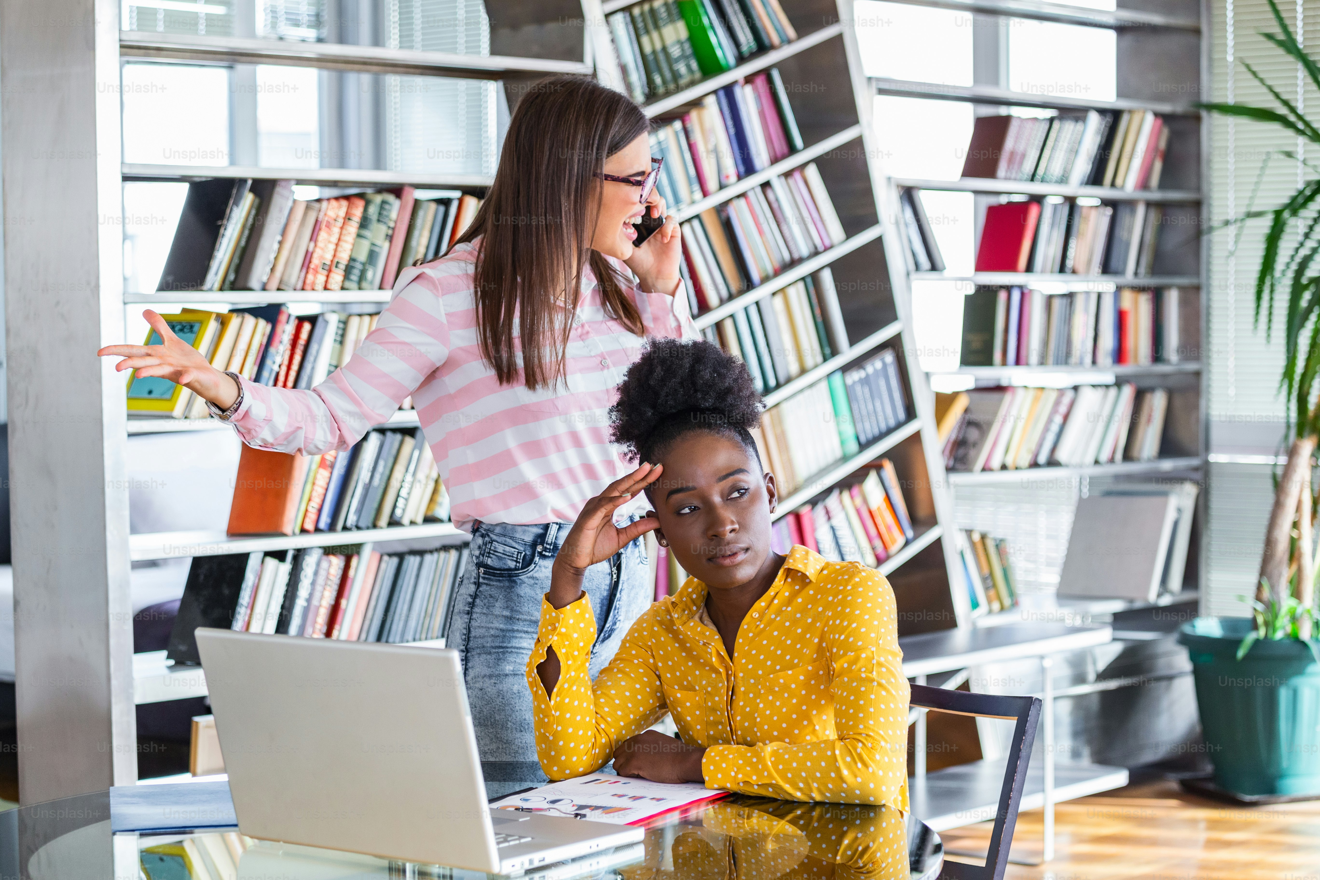 Mobbing at work, bad job relations concept. Angry mad bossy businesswoman talking on phone ...