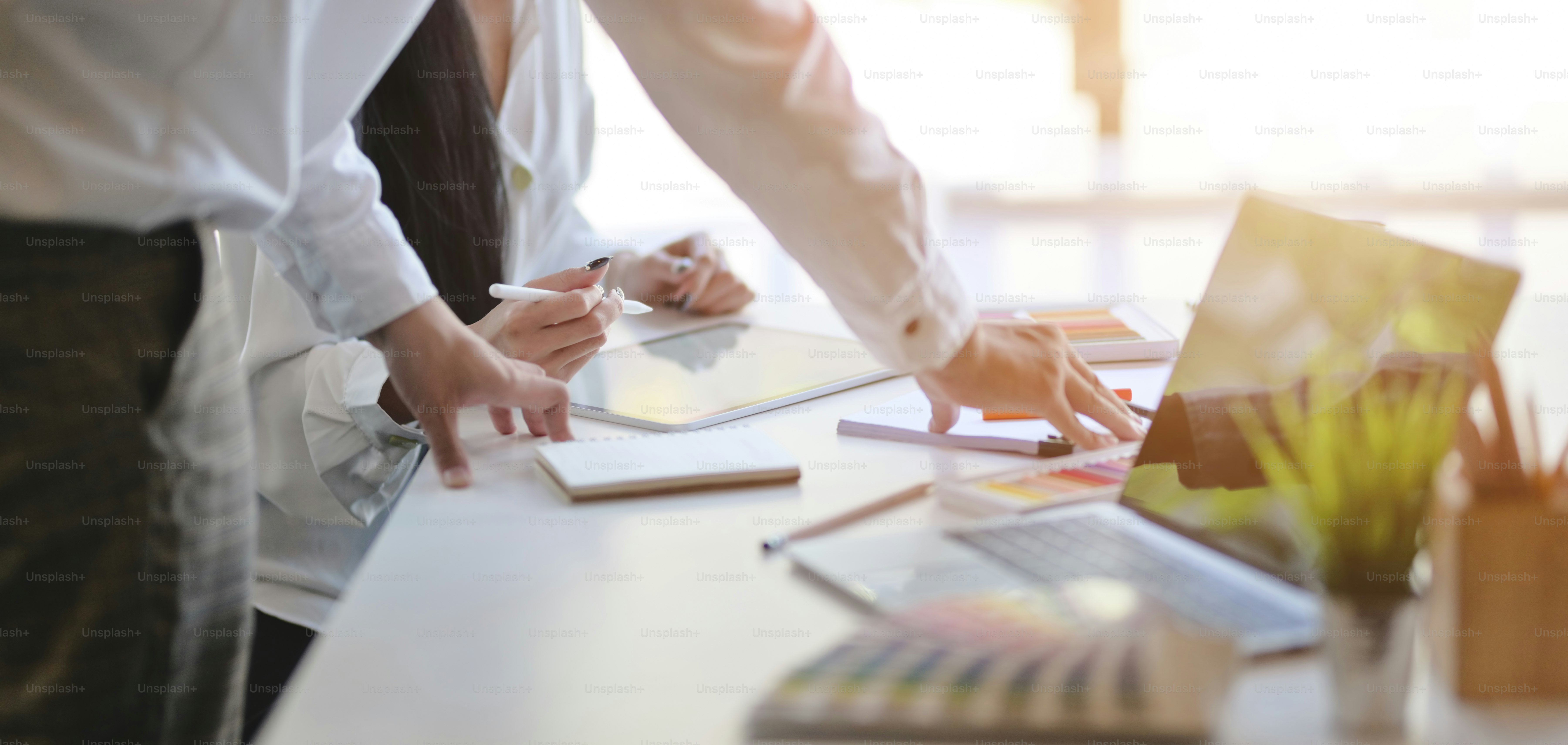 Close-up view of successful designer team editing their project ...