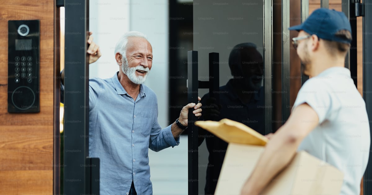 Foto Hombre maduro feliz parado en la puerta y hablando con el ... Foto Hombre maduro feliz parado en la puerta y hablando con el ...