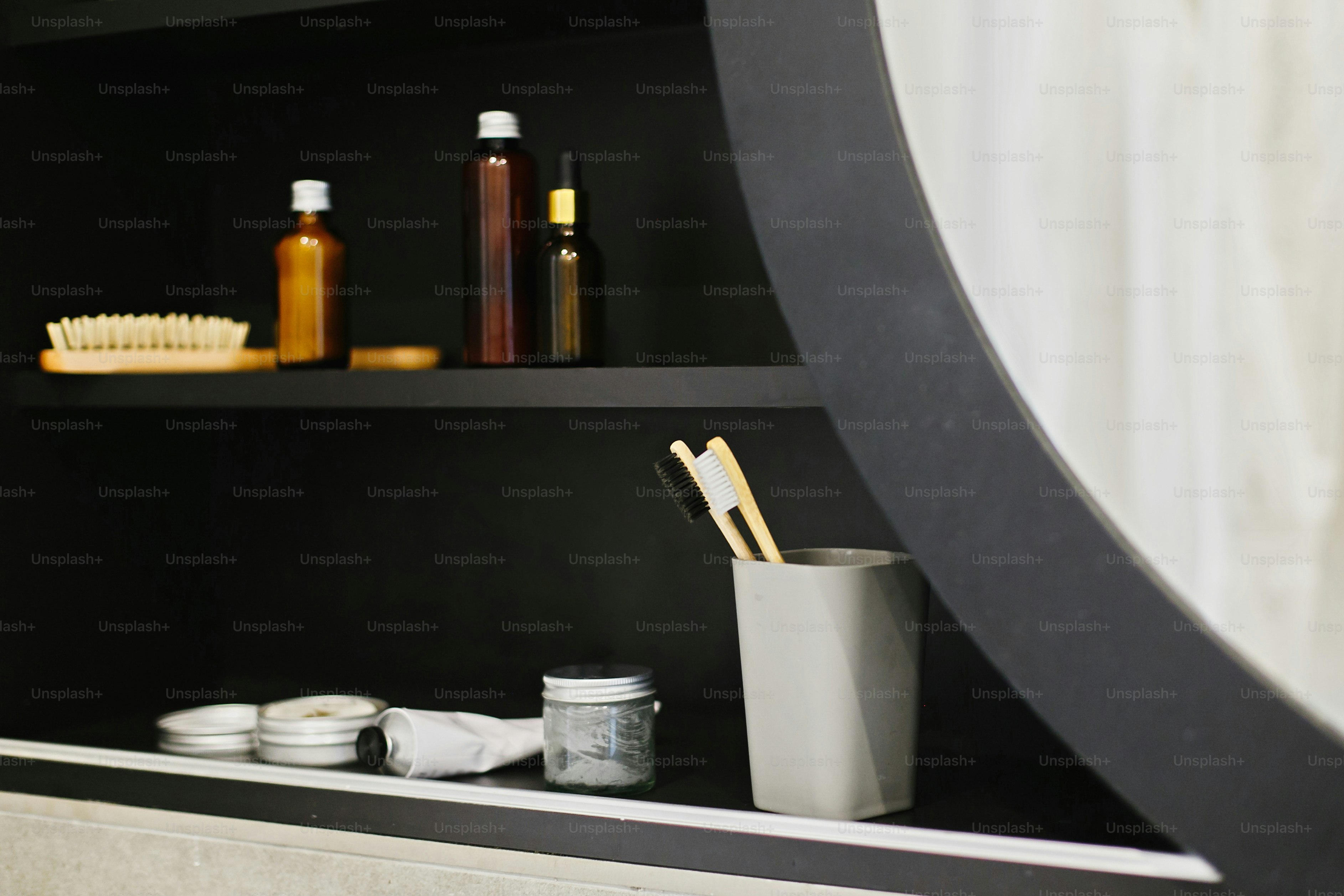 Zero waste concept. Bamboo toothbrush,charcoal toothpaste in glass ...