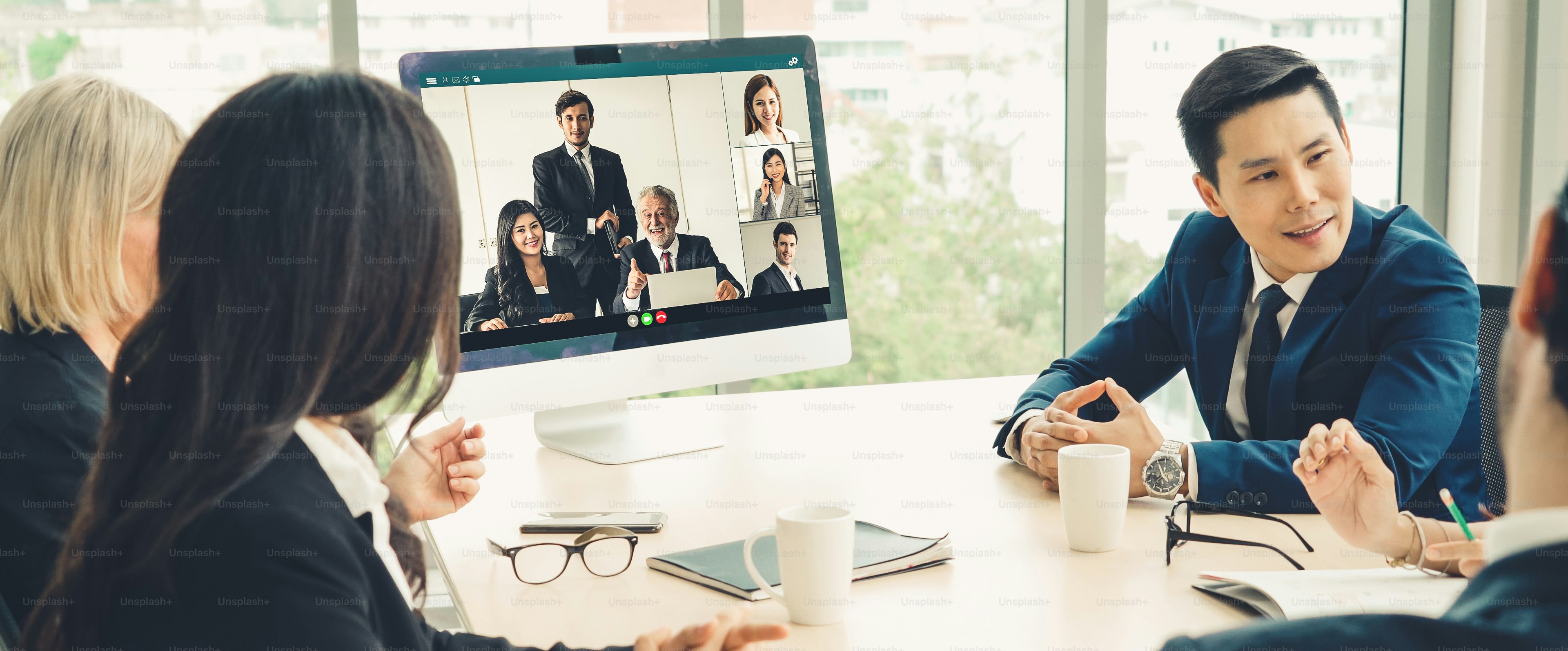 Video call group business people meeting on virtual workplace or remote ...