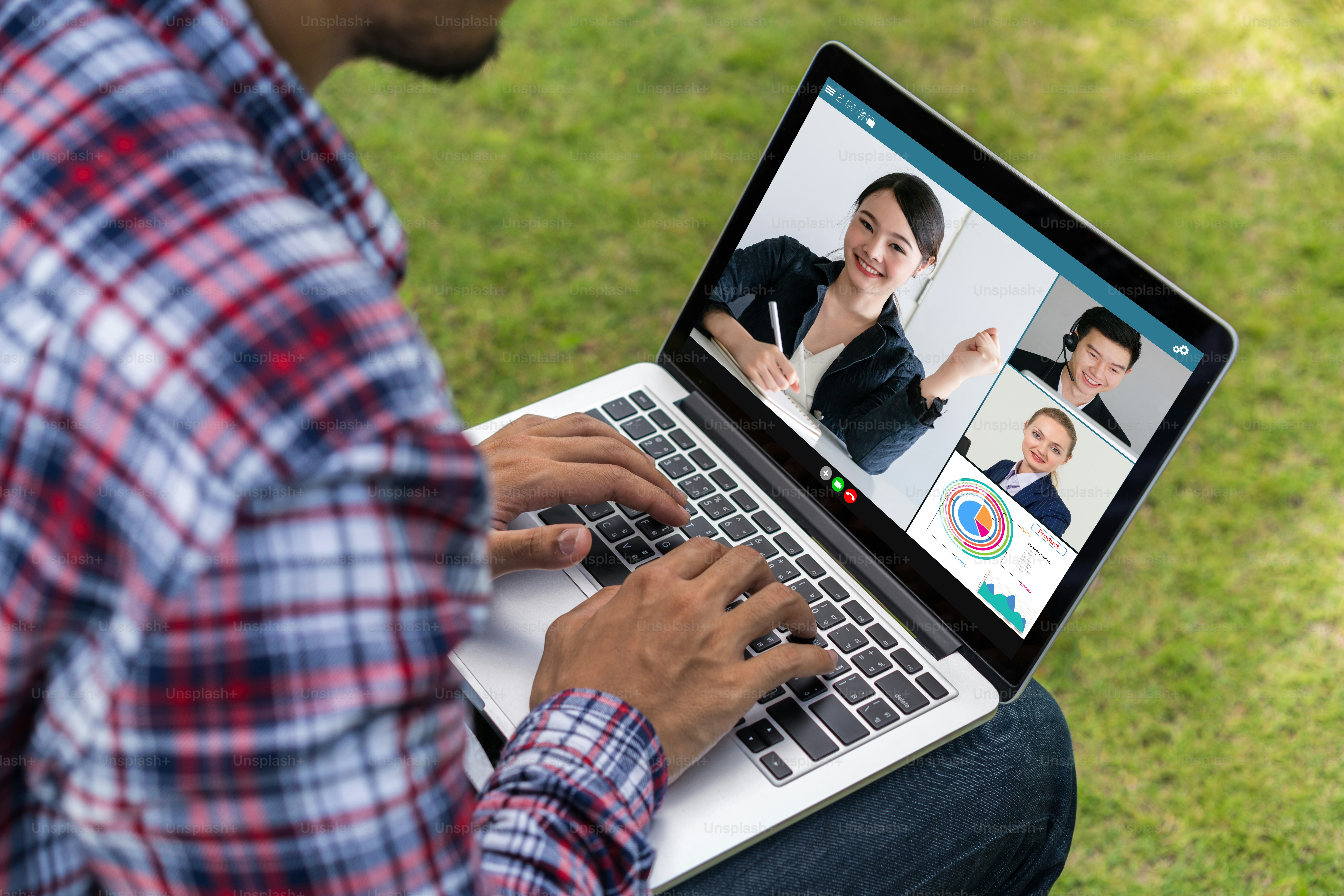 Video call business people meeting on virtual workplace or remote ...