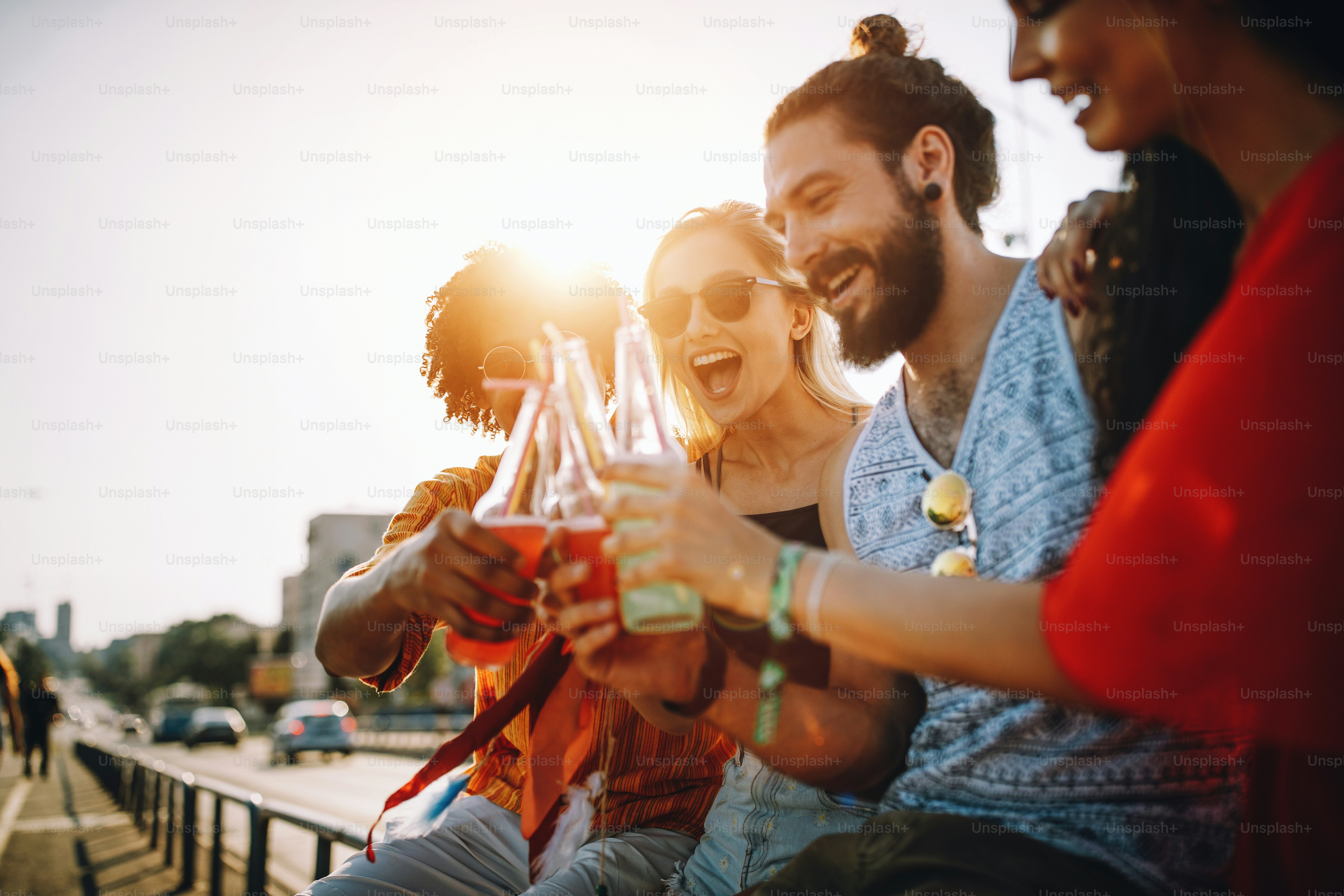Cheerful group of friends having fun, travelling and smiling photo ...