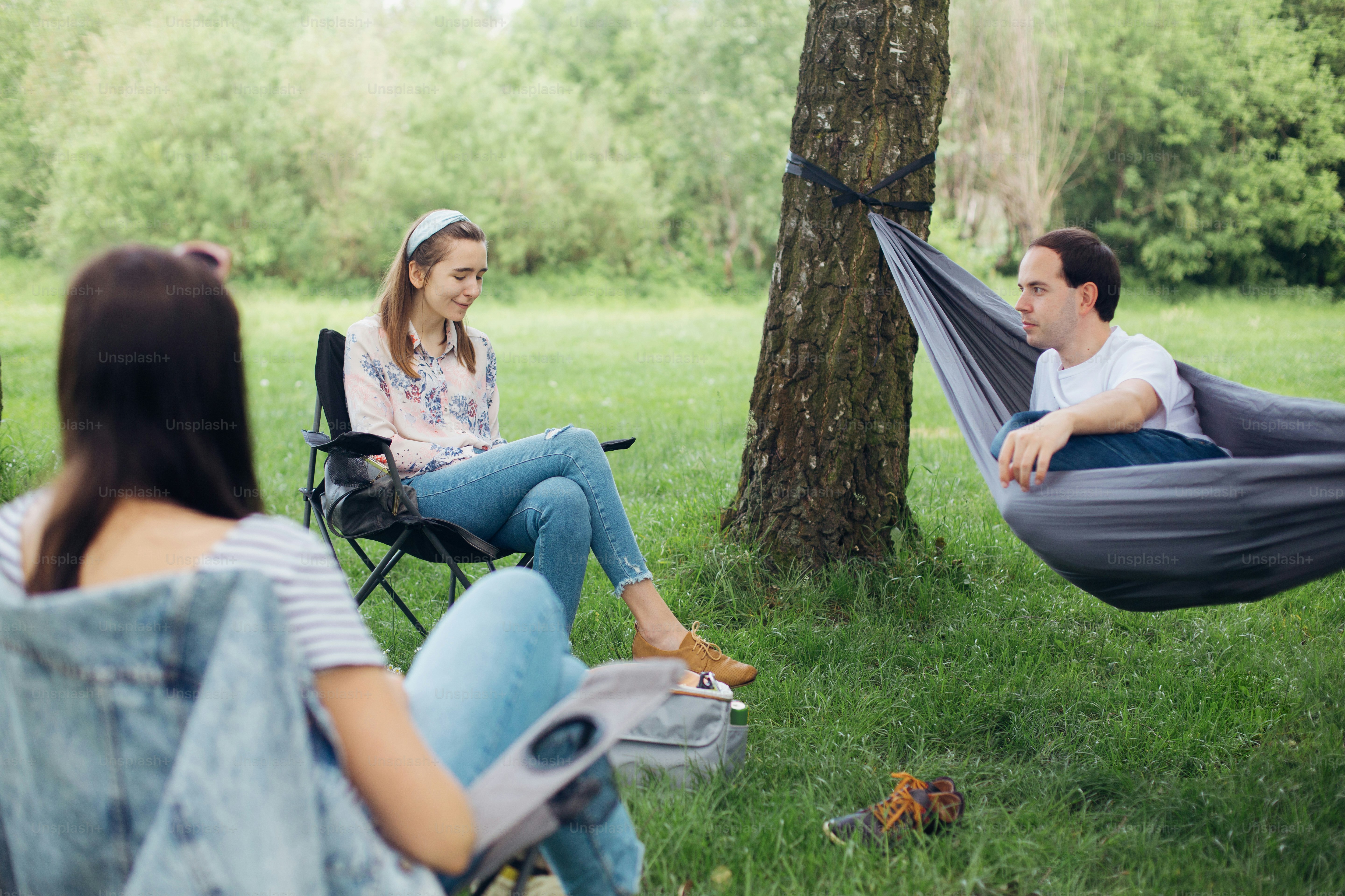Small group of people enjoying conversation at picnic with social ...