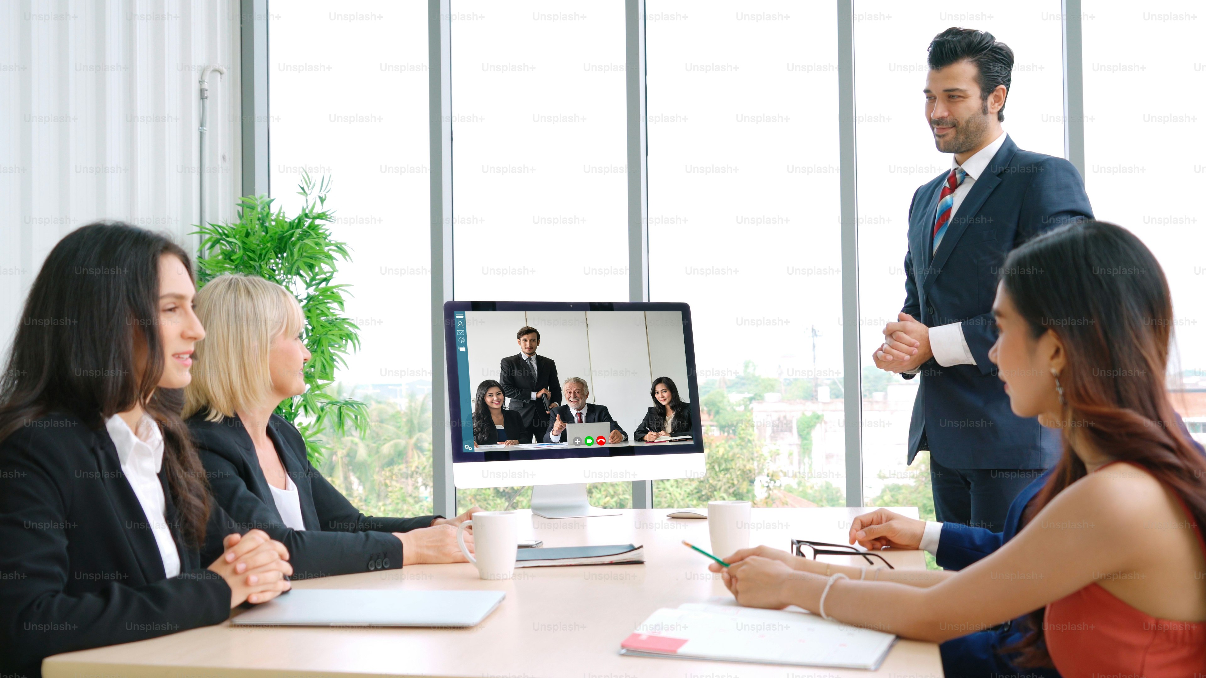 Video call group business people meeting on virtual workplace or remote ...