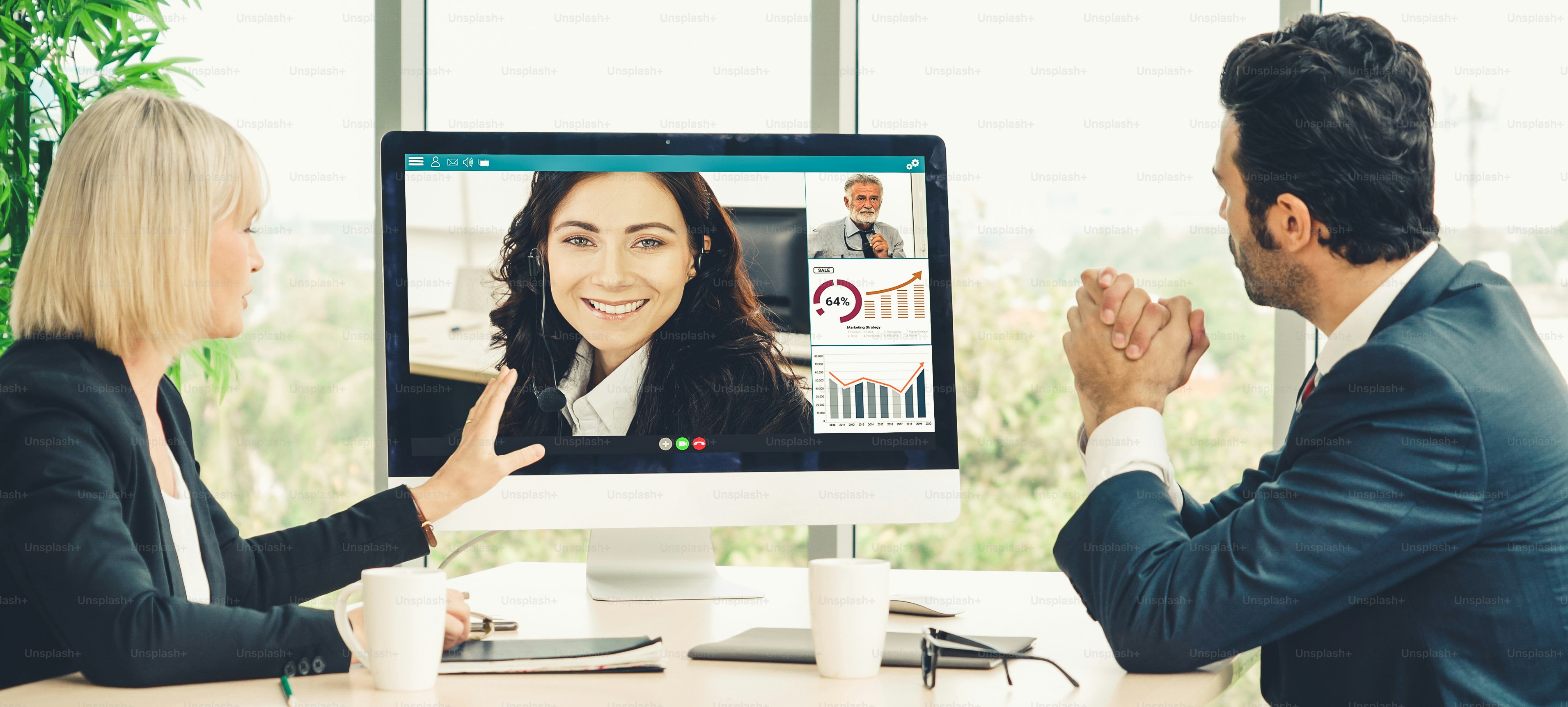 Video call group business people meeting on virtual workplace or remote ...