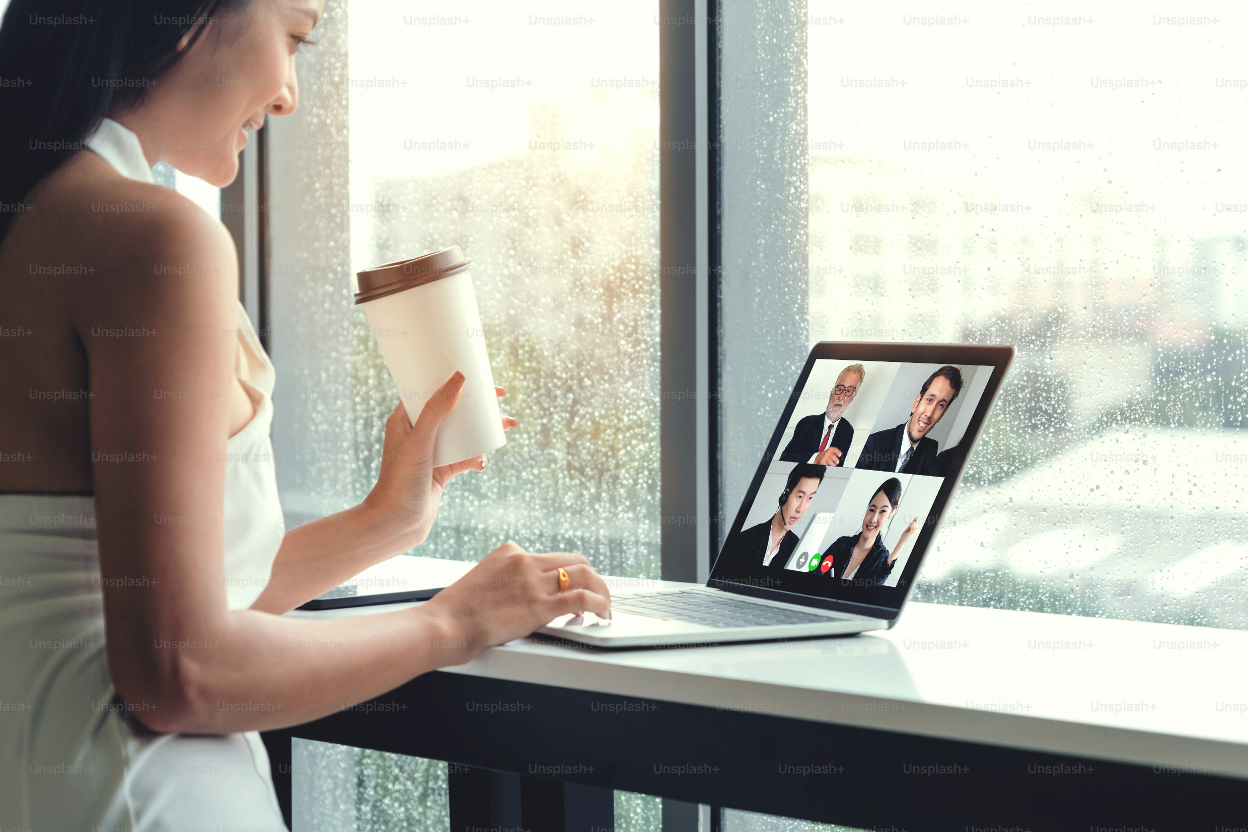 Video call business people meeting on virtual workplace or remote ...