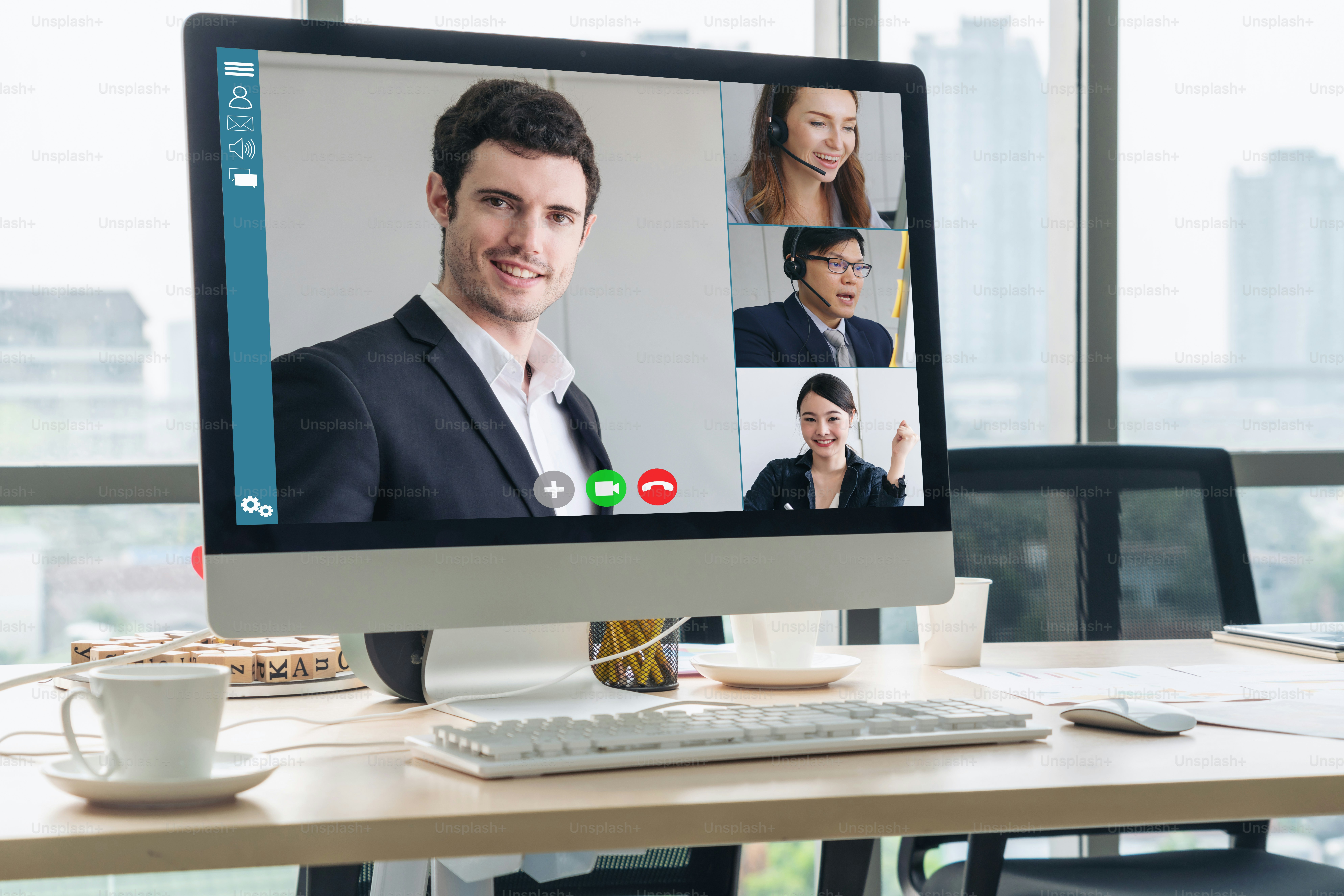 Video call business people meeting on virtual workplace or remote ...