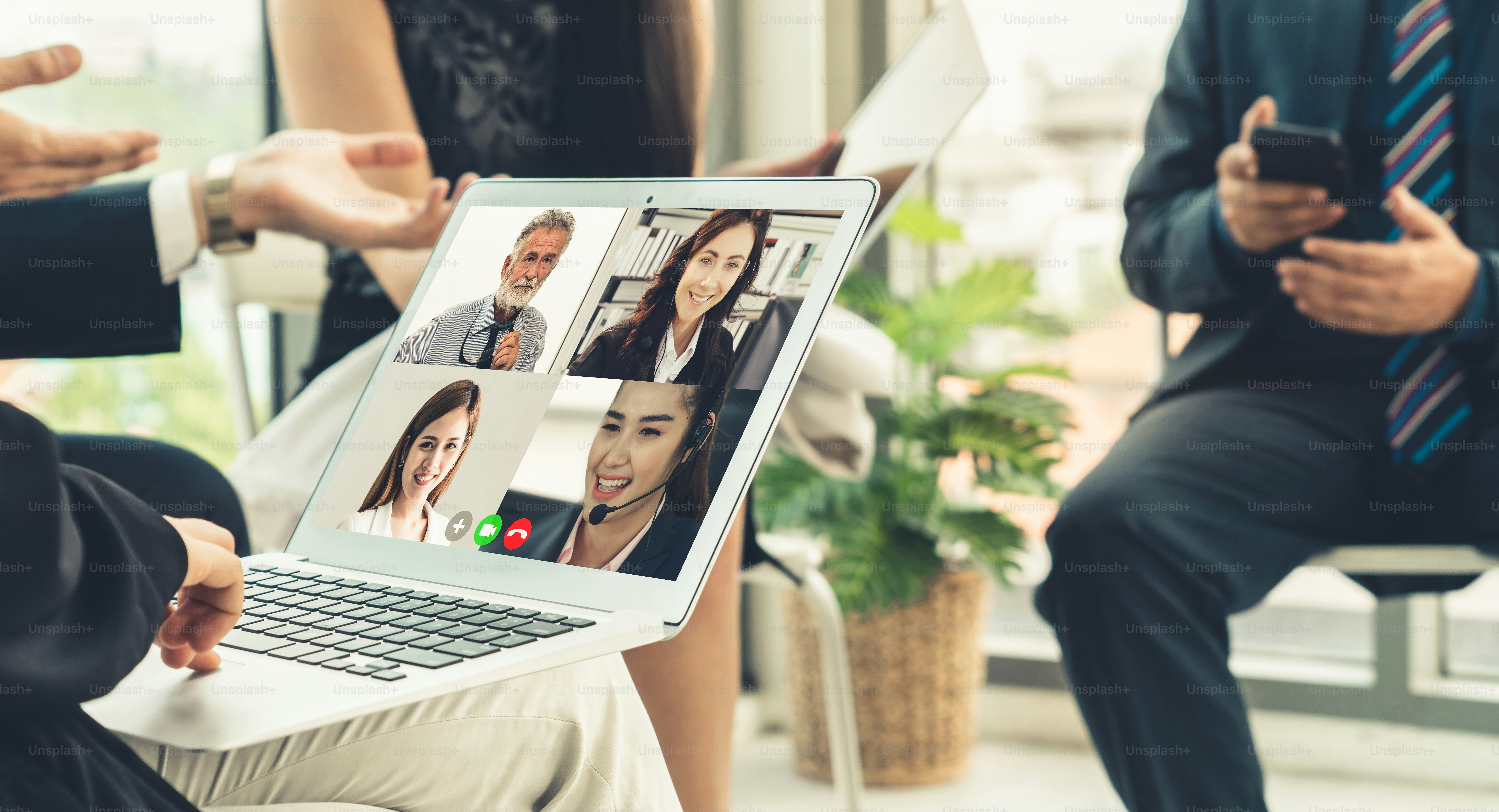 Video call group business people meeting on virtual workplace or remote ...