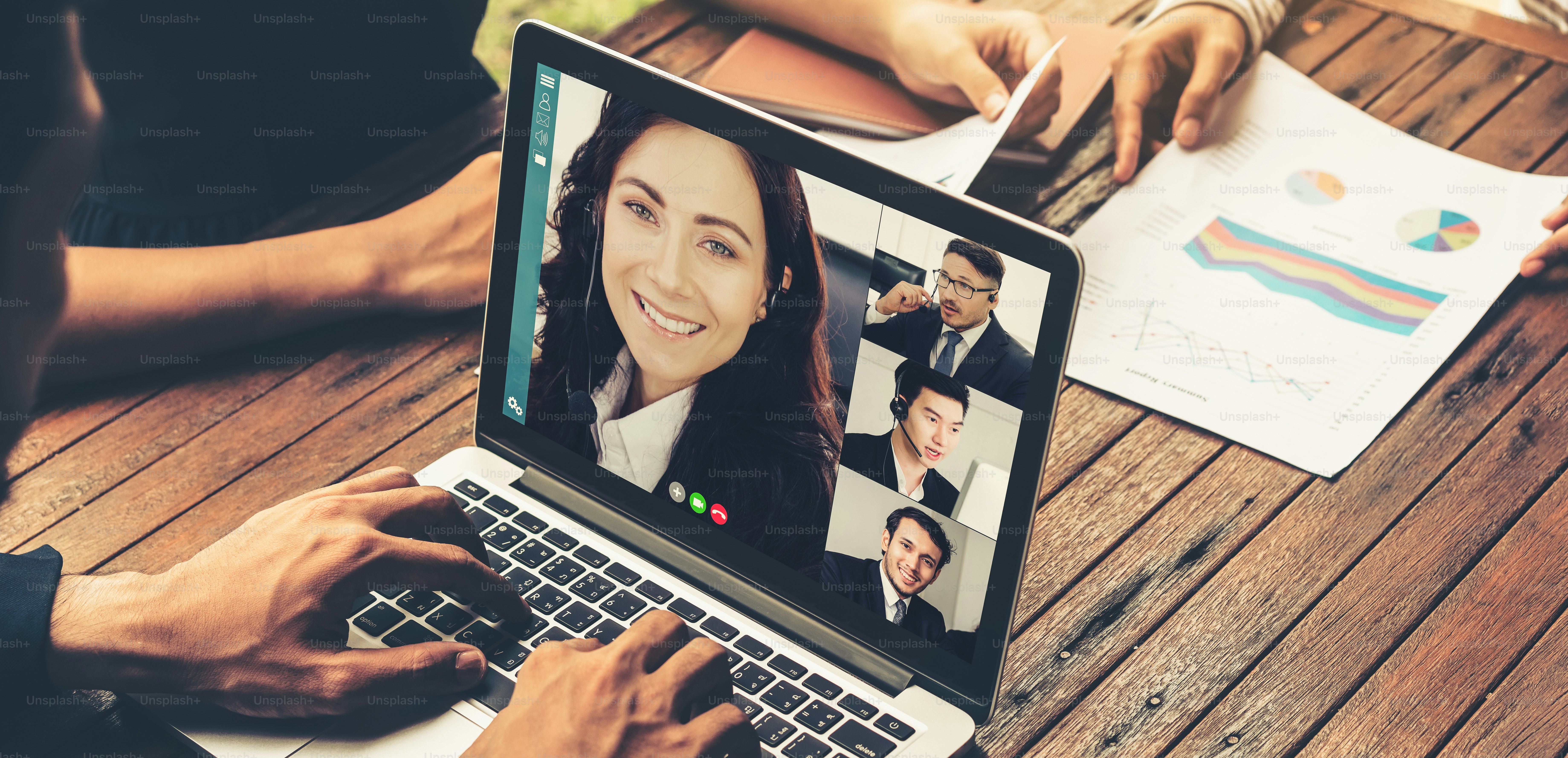 Video call group business people meeting on virtual workplace or remote ...