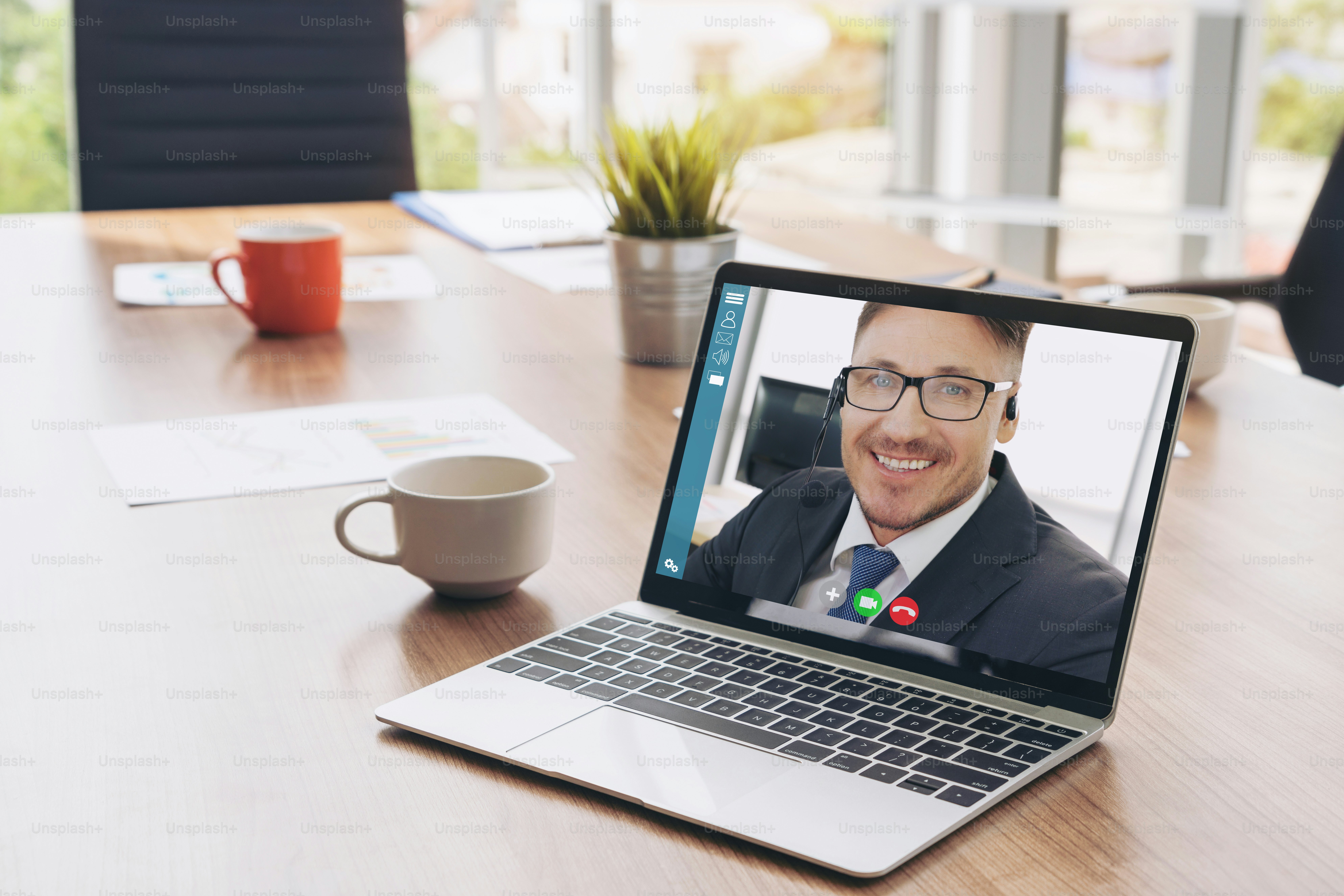 Video call business people meeting on virtual workplace or remote ...