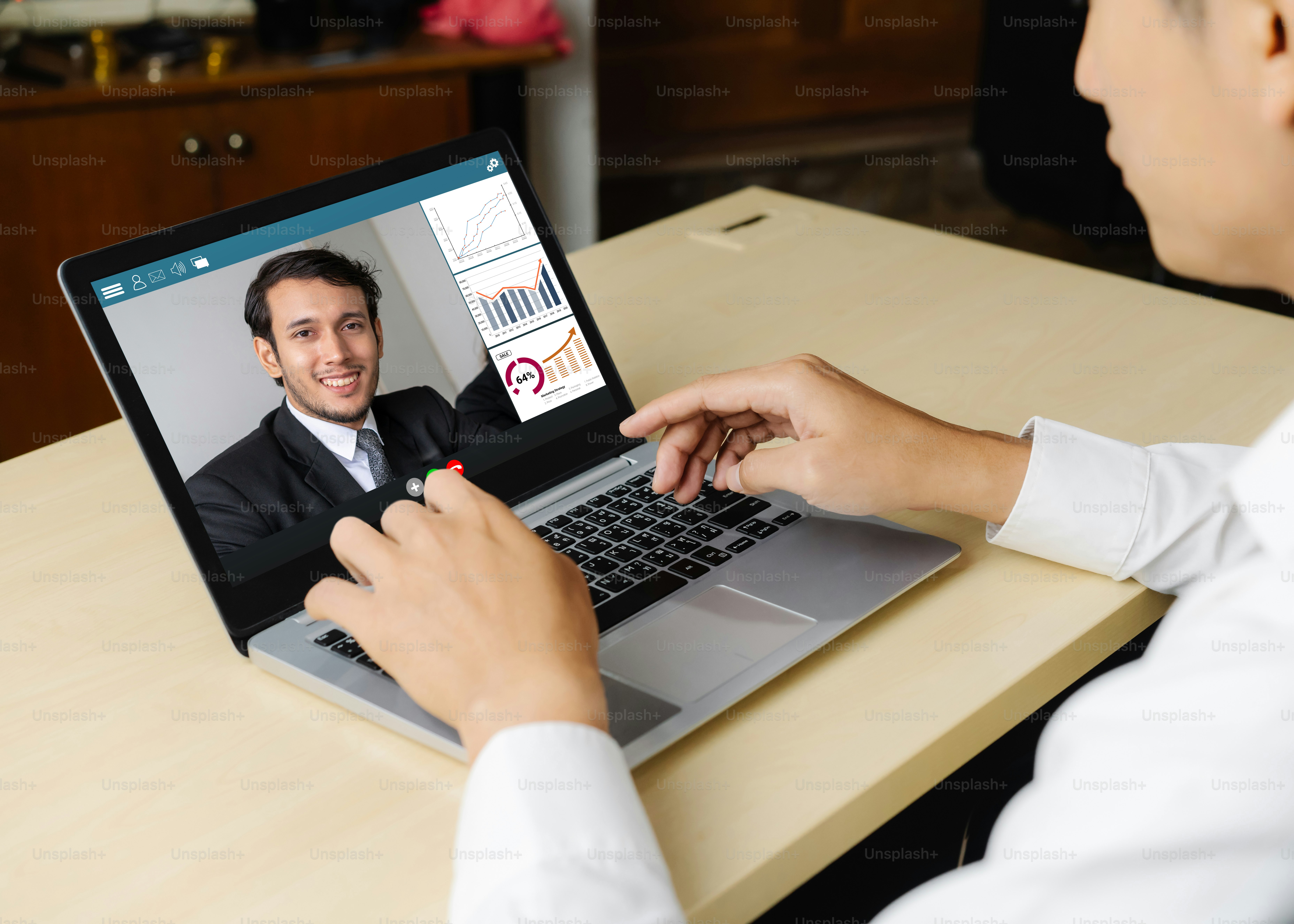 Video call business people meeting on virtual workplace or remote ...