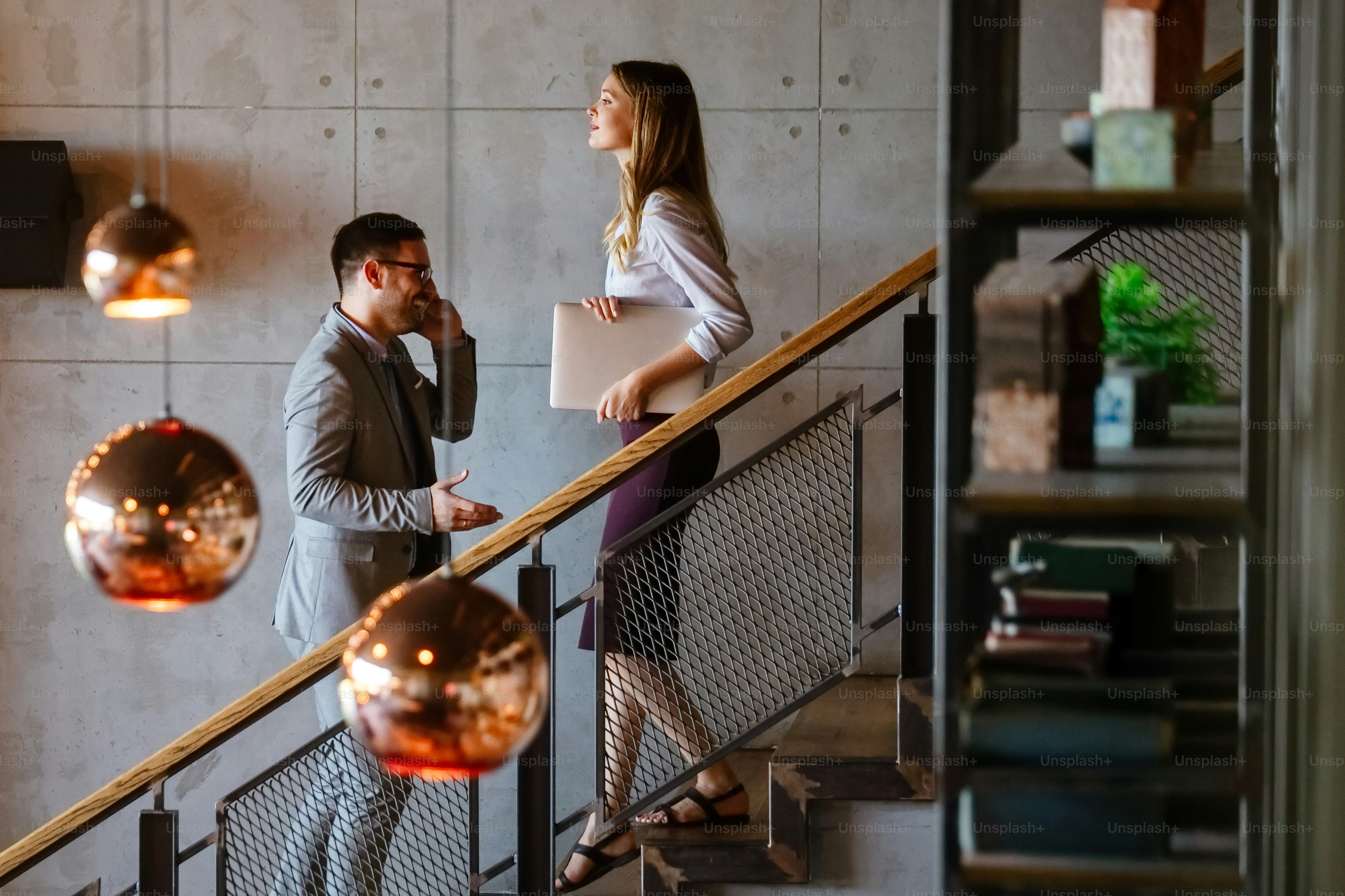Busy business people on stairs in modern office. Business, colleague ...