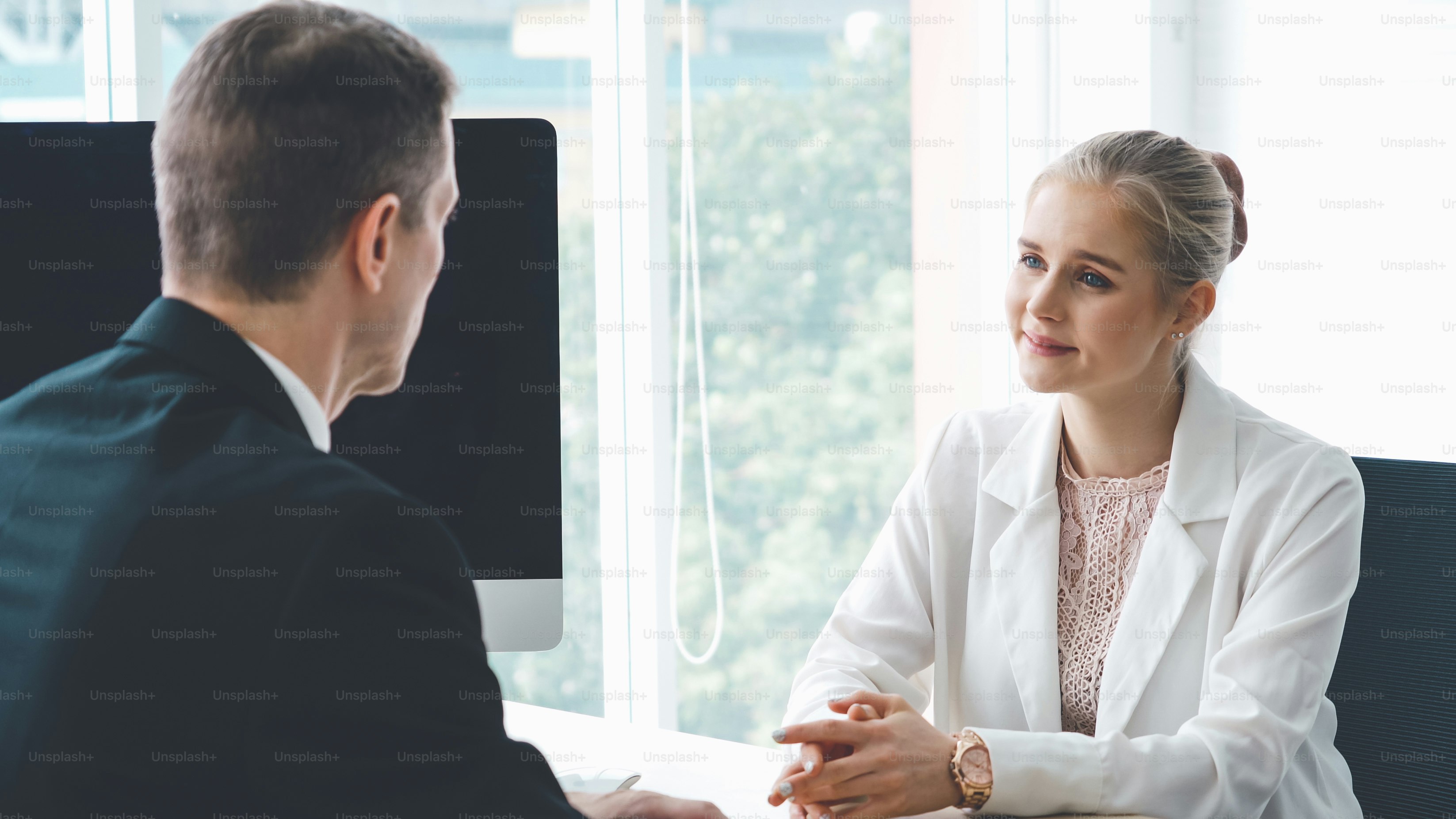 Job seeker in job interview meeting with manager and interviewer at ...