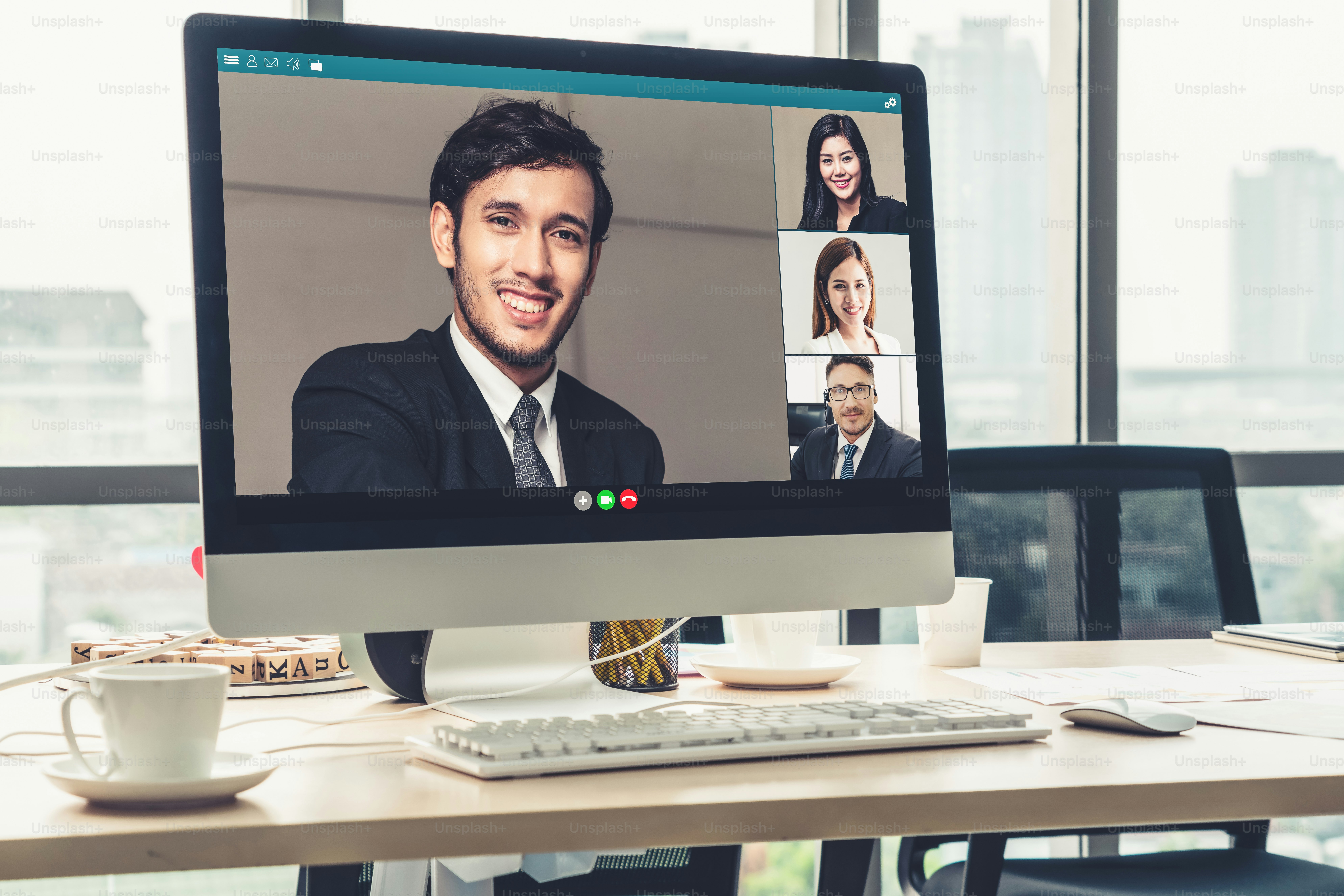 Video call business people meeting on virtual workplace or remote ...