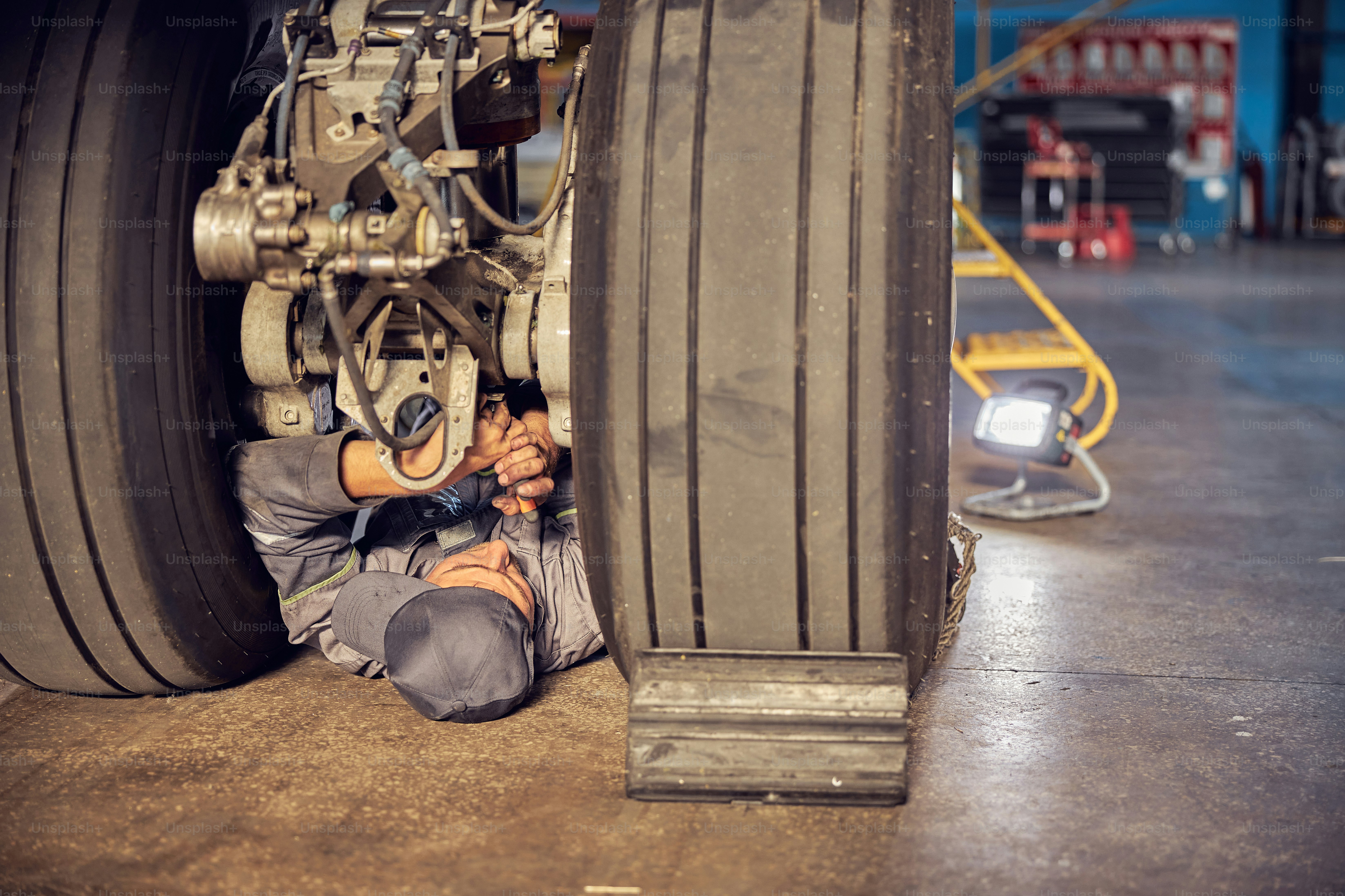 Close up portrait of ground crew working at the airport fixing ...