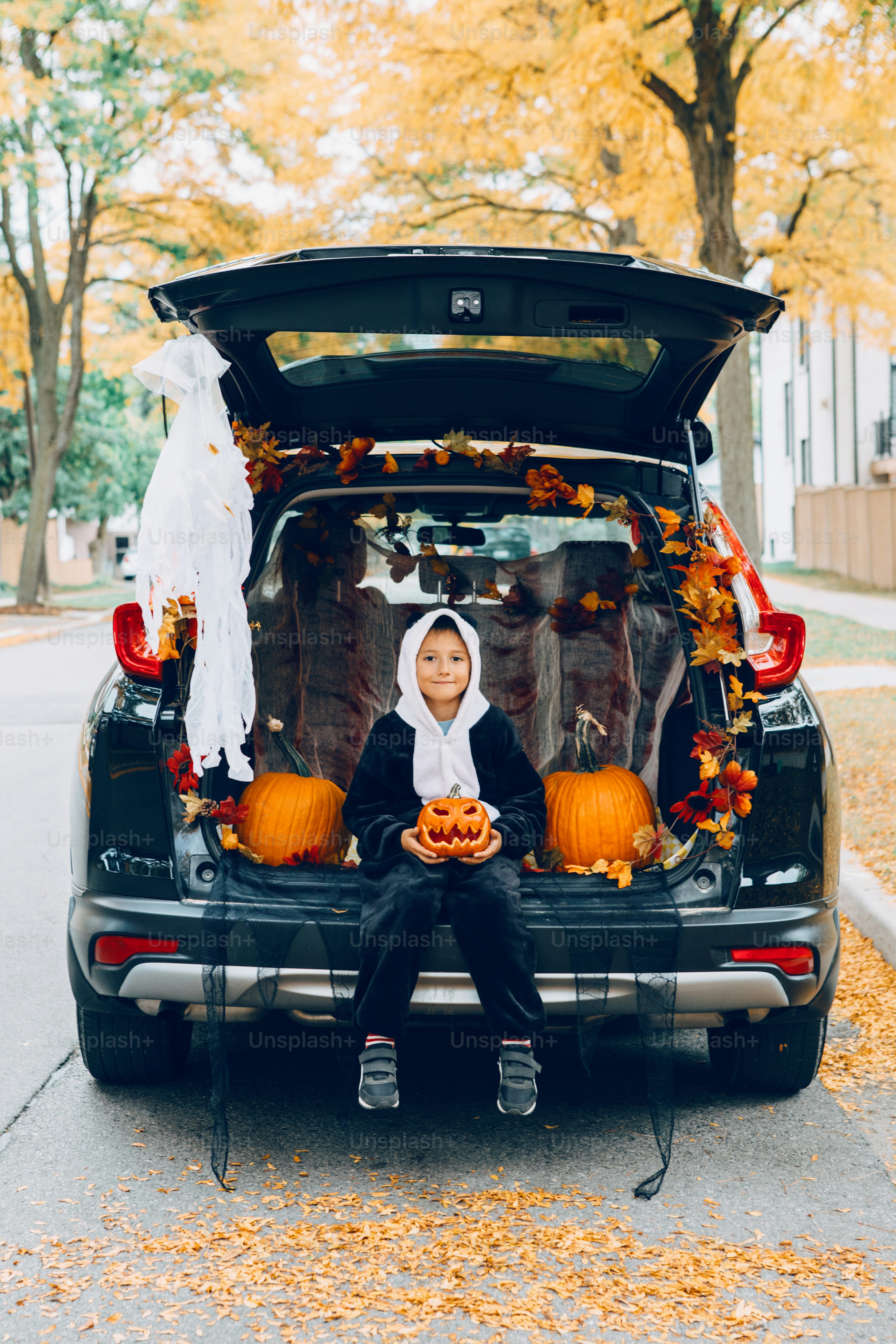 Trick or trunk. Children siblings sisters celebrating Halloween in ...