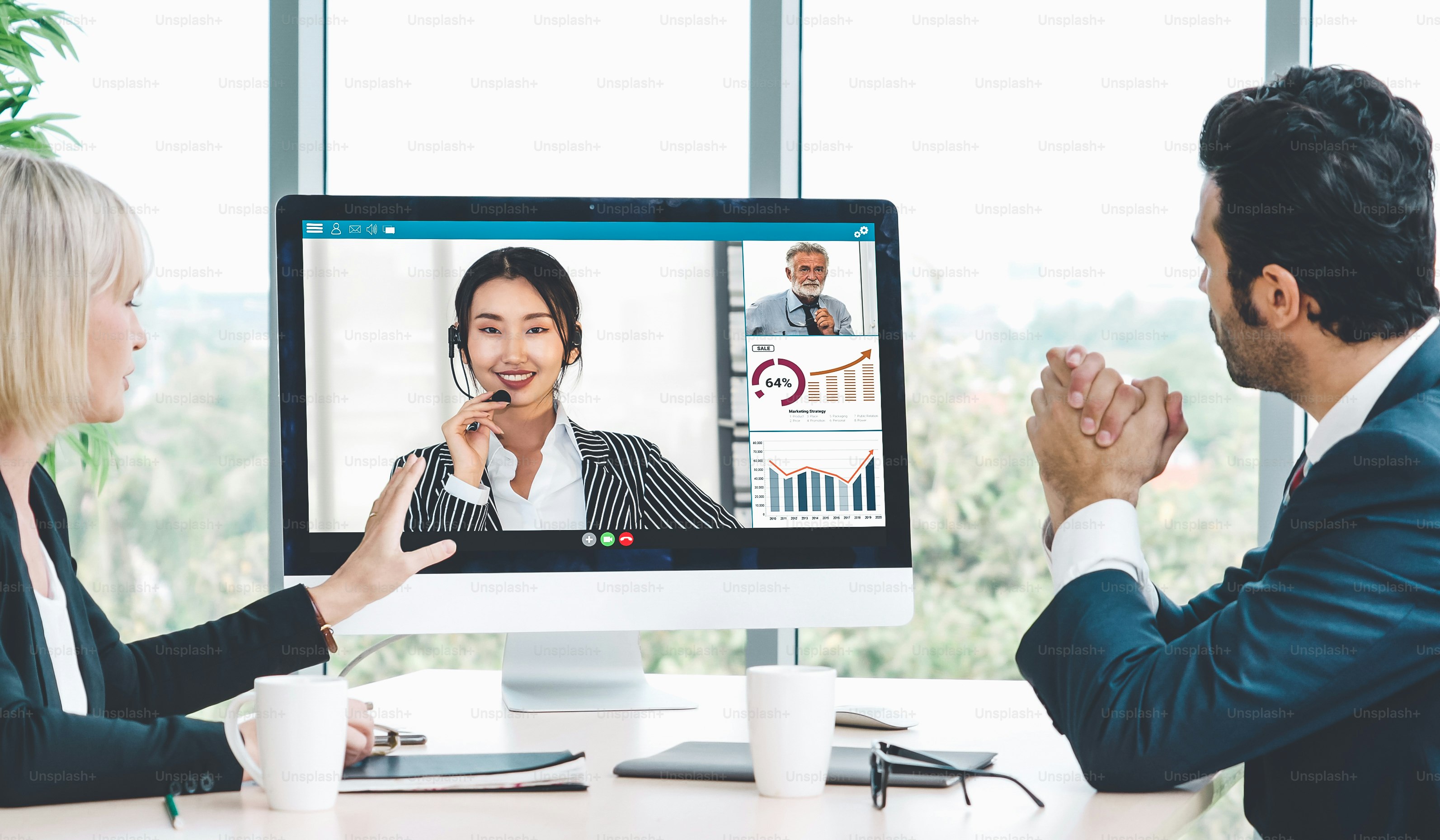 Video call group business people meeting on virtual workplace or remote ...