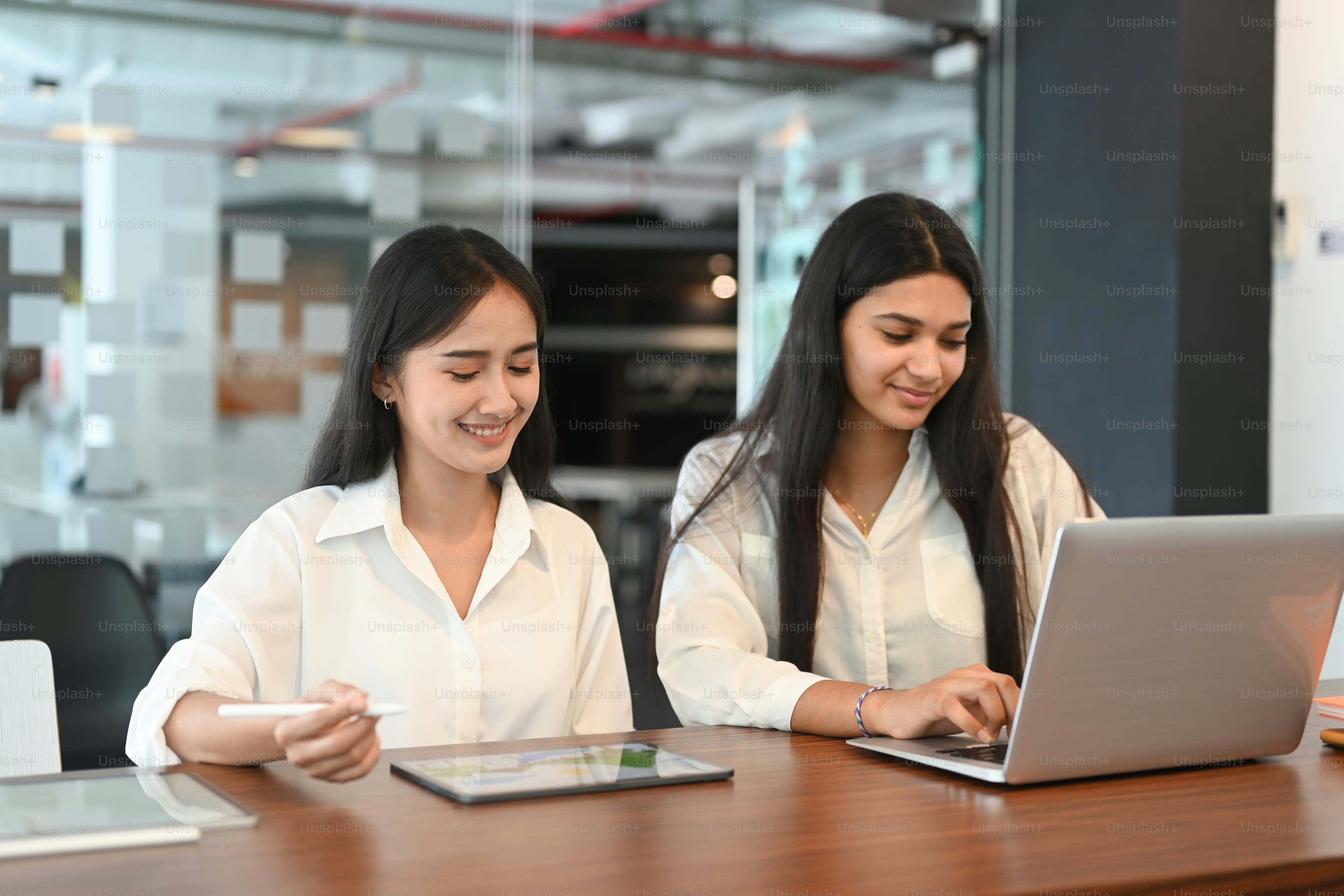 A diverse team of two coworkers working over a laptop at modern office ...