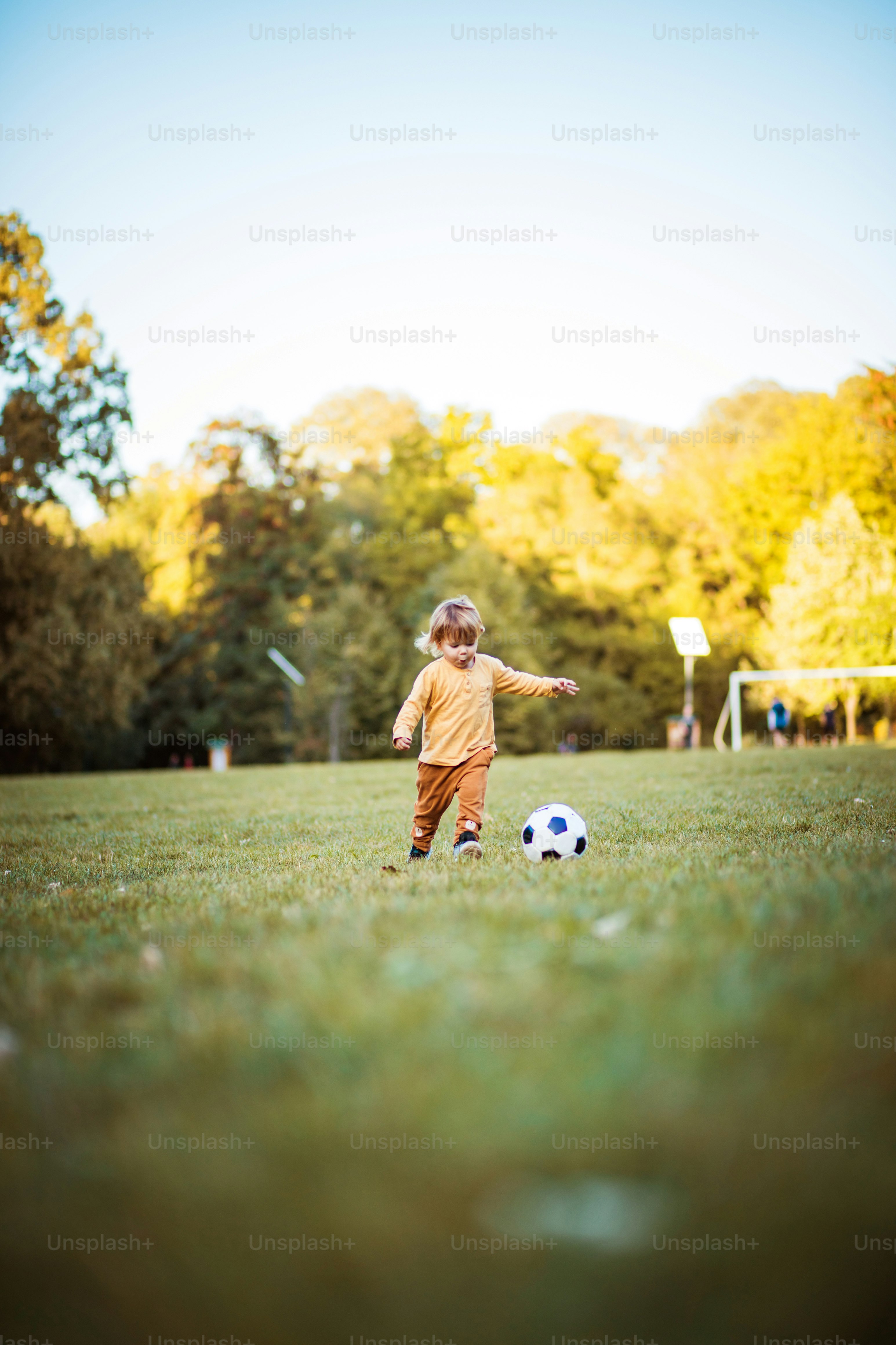 Day for football. Little boy boy playing football alone on the grass ...