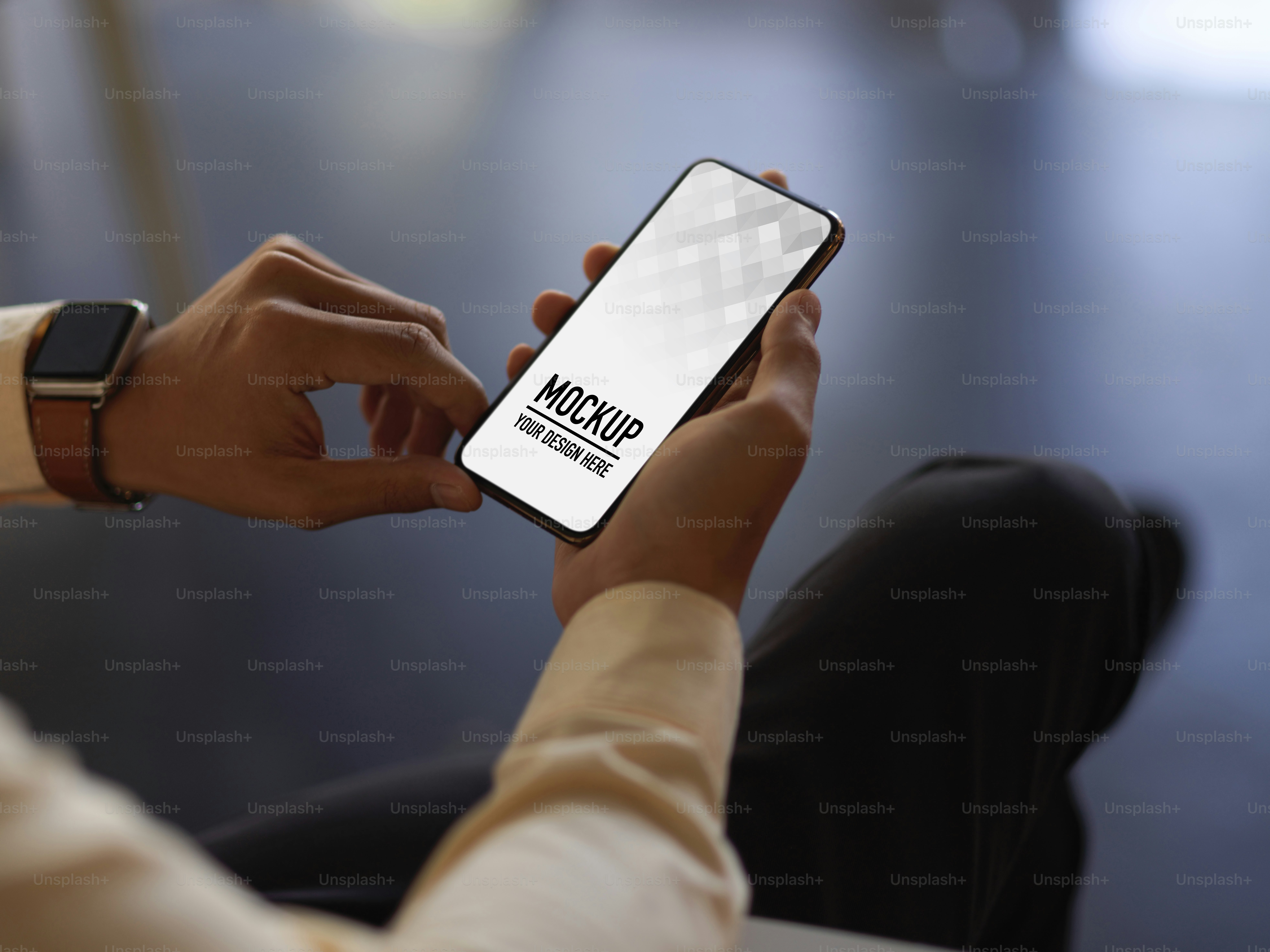 Close up view of businessman hands using smartphone while relaxed ...