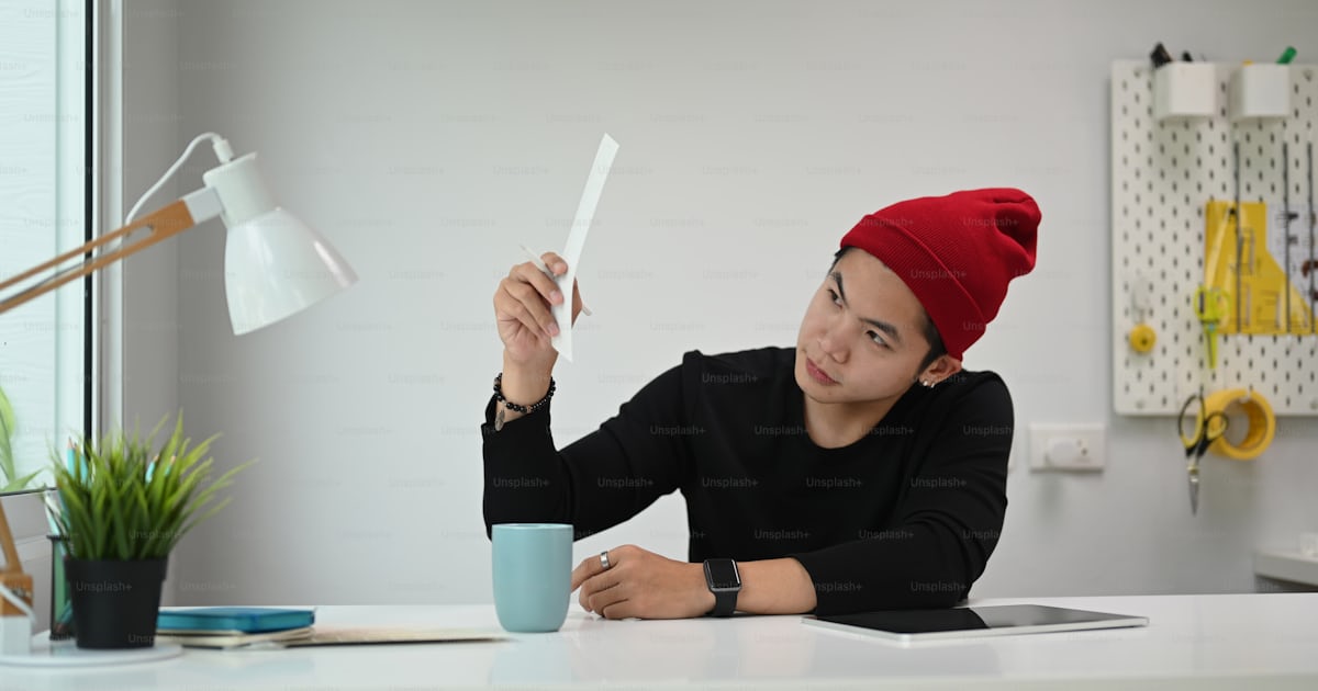 사려 깊은 젊은 매력적인 디자이너 남자가 창의적인 직장에서 선택 색칠을 위한 견본 샘플 차트를 들고 있습니다 사진