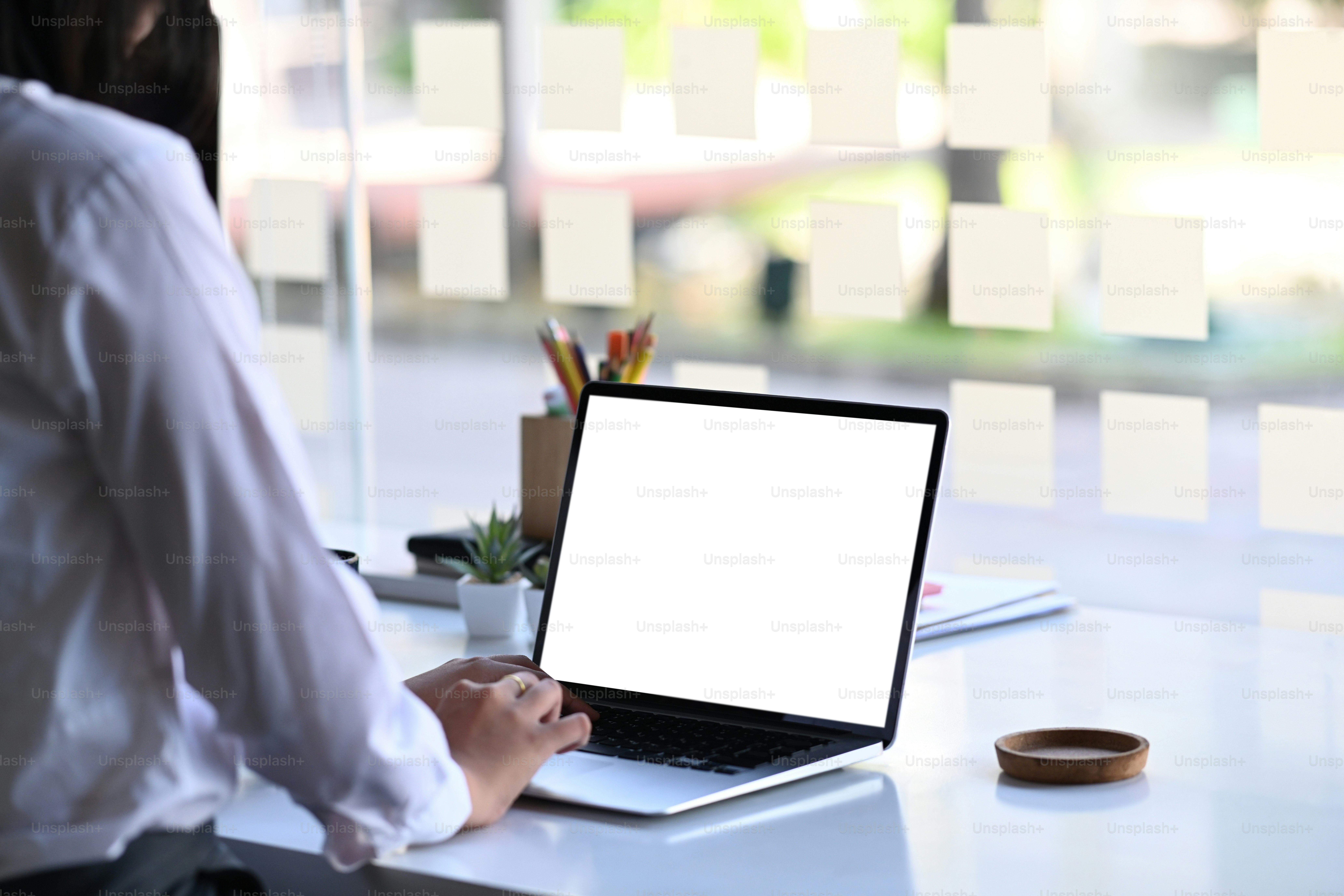 Rear view of young woman office worker working on computer laptop at ...