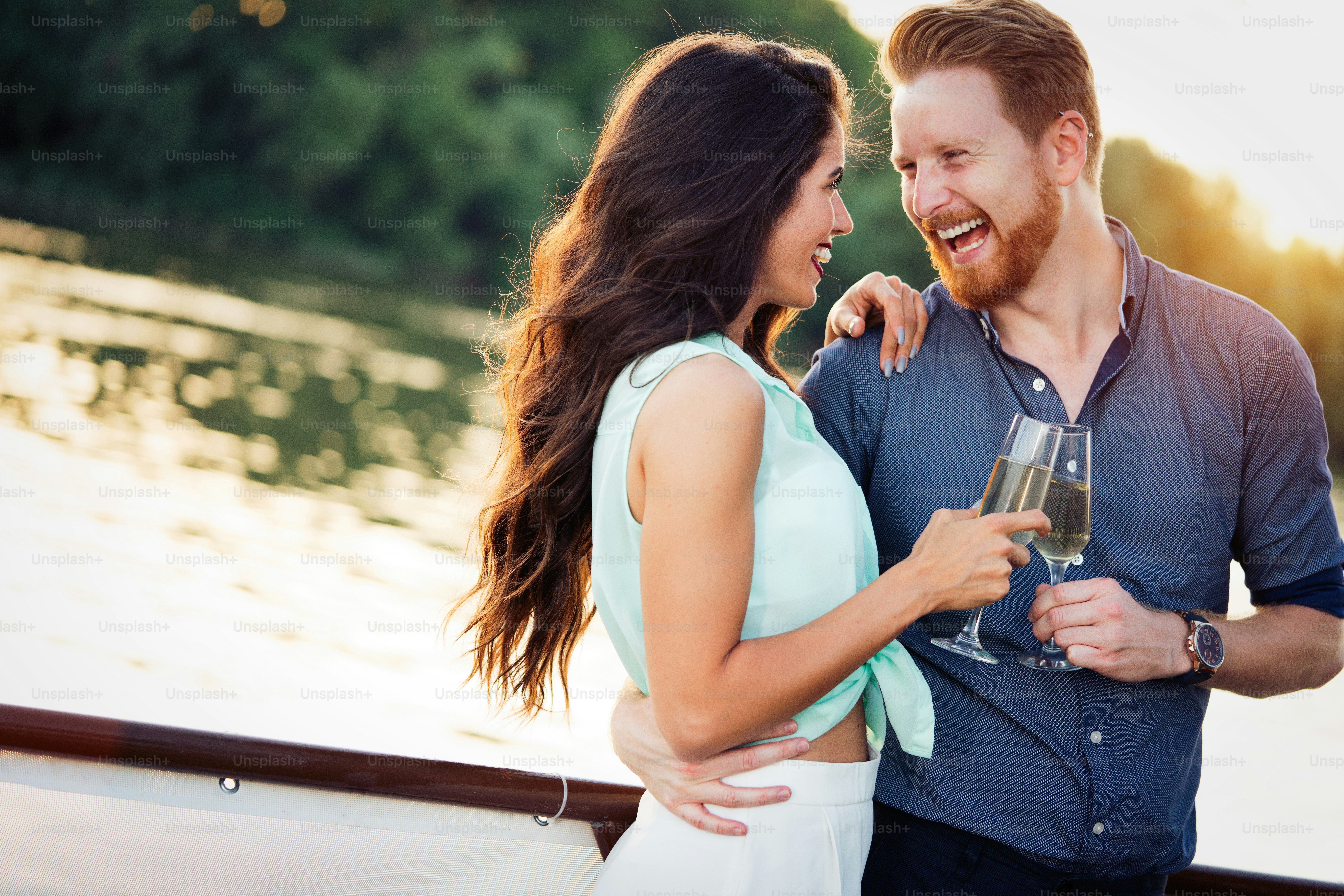 Happy smiling couple in love dancing and flirting outdoor photo ...