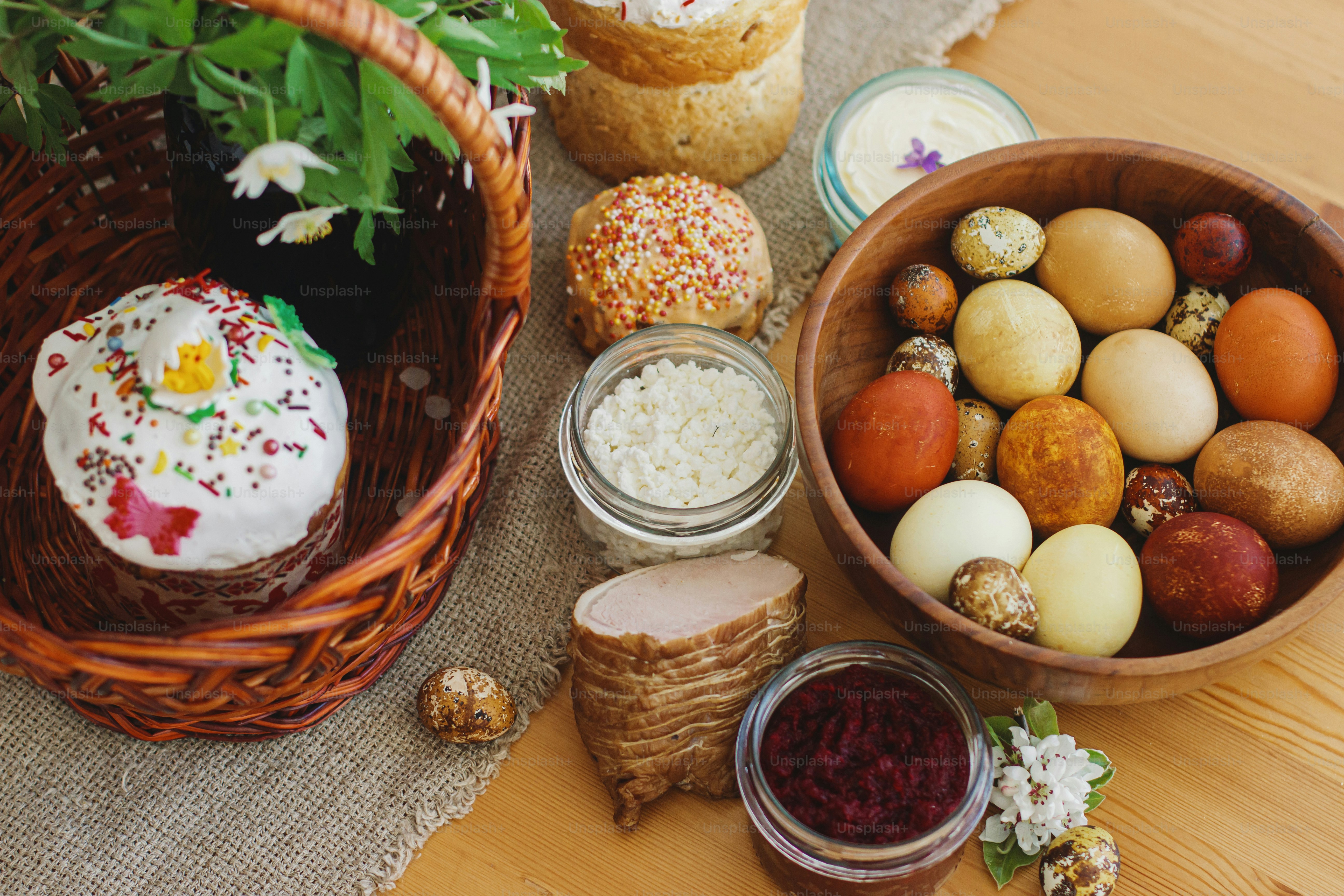 Traditional Easter food for blessing, homemade Easter bread, stylish ...