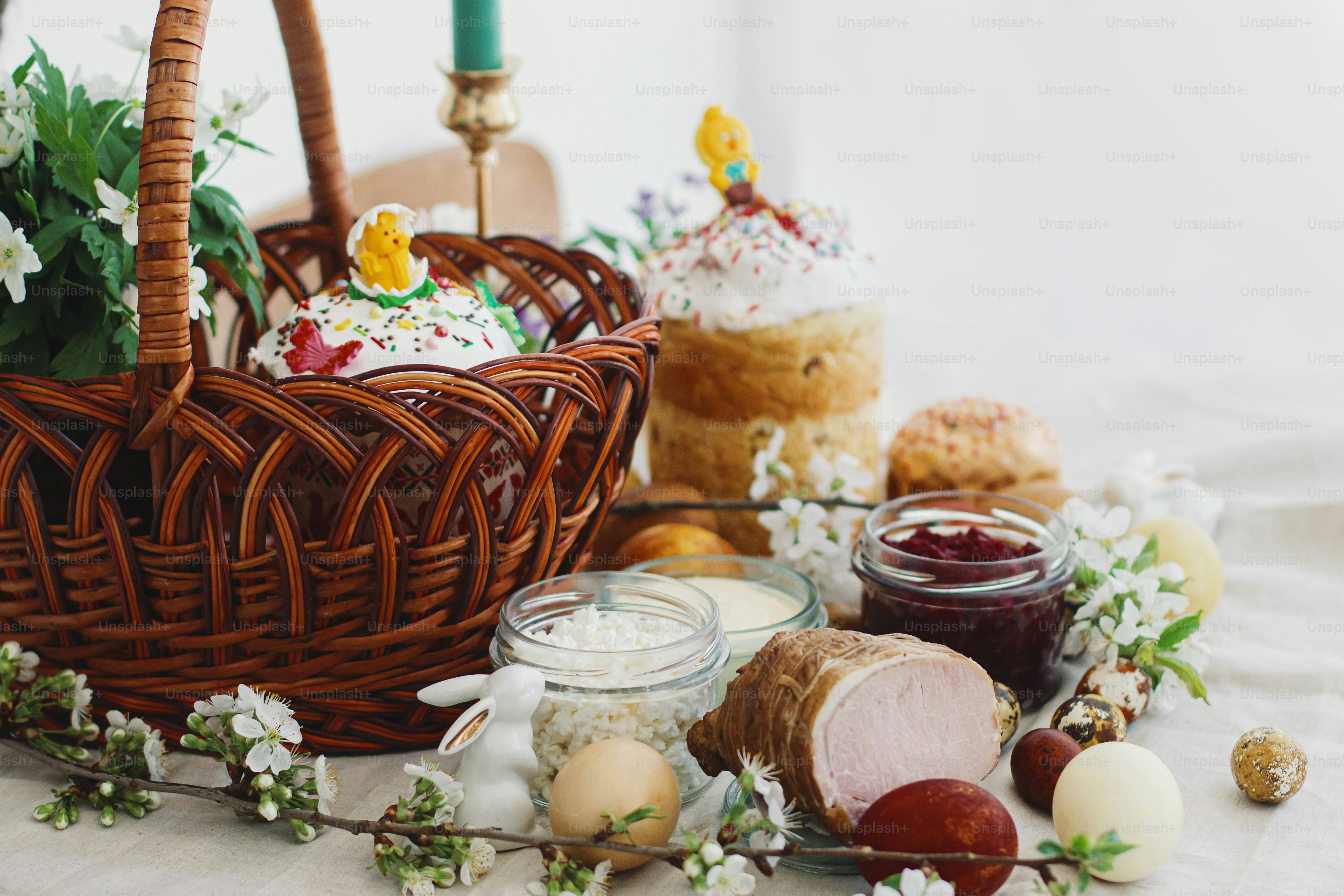 Stylish easter eggs, homemade Easter bread, delicious traditional ...