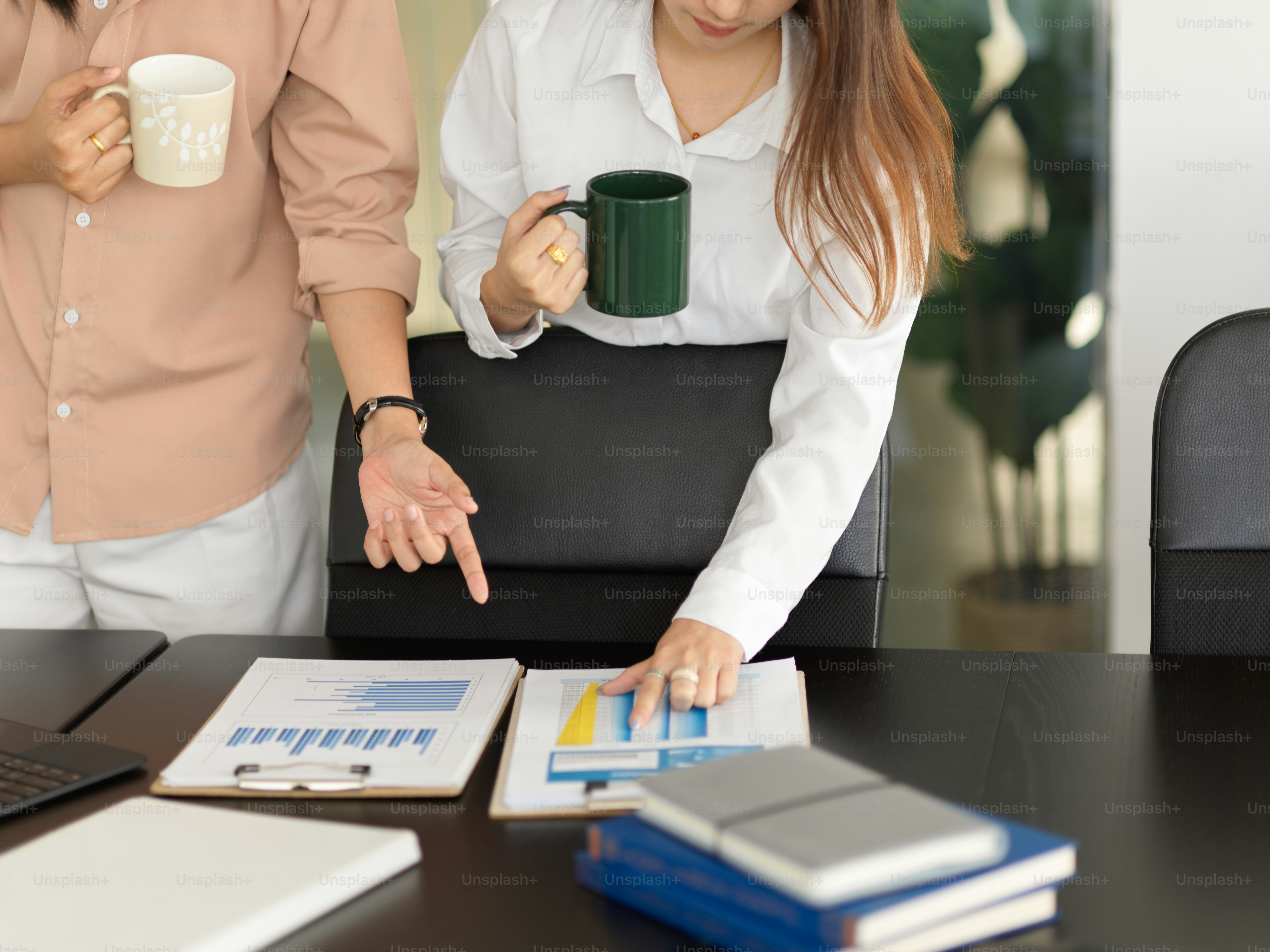 Portraits of two female office worker discussing on their project with ...