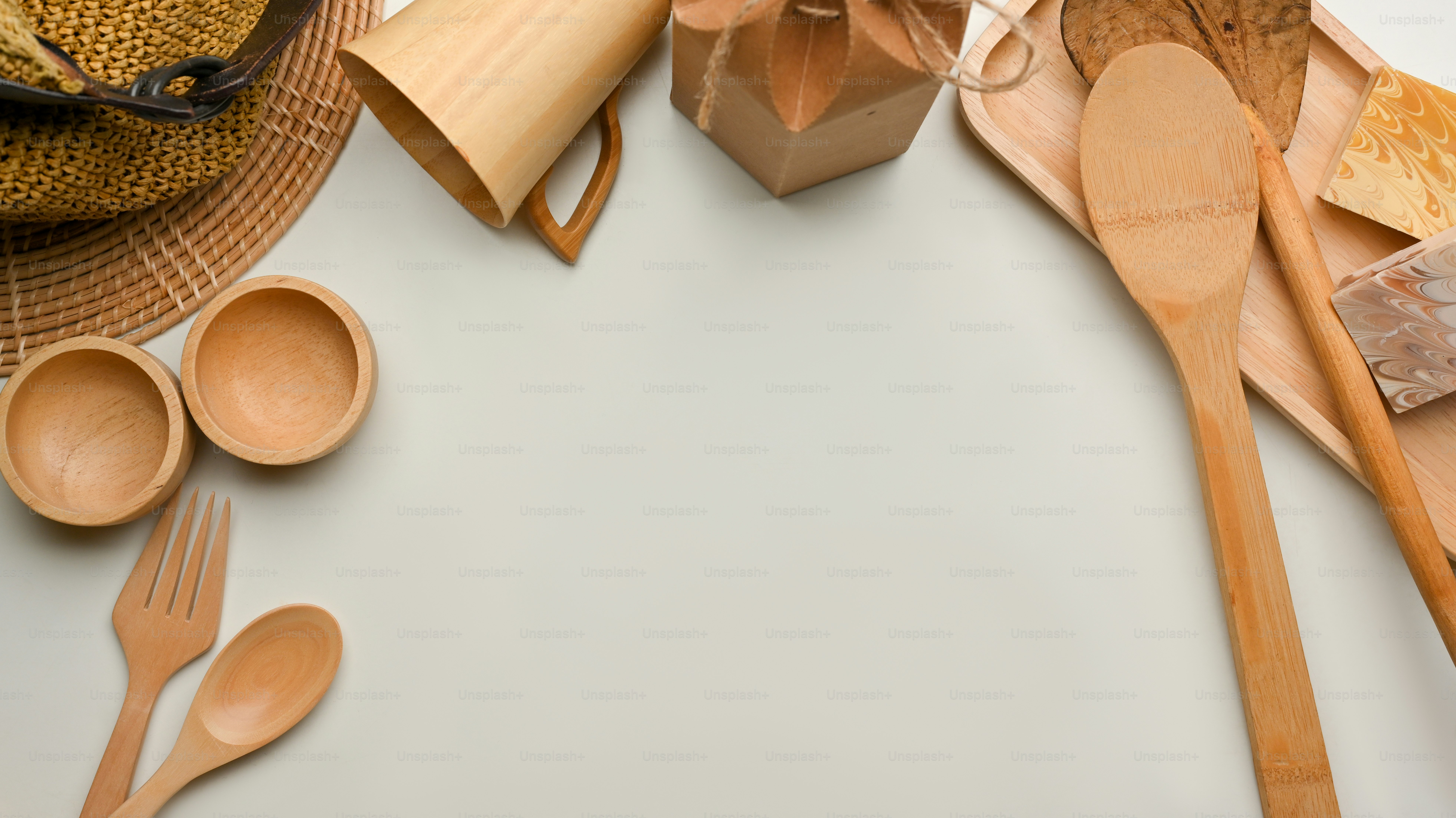 Creative mock up scene with wooden kitchenware and copy space on white ...