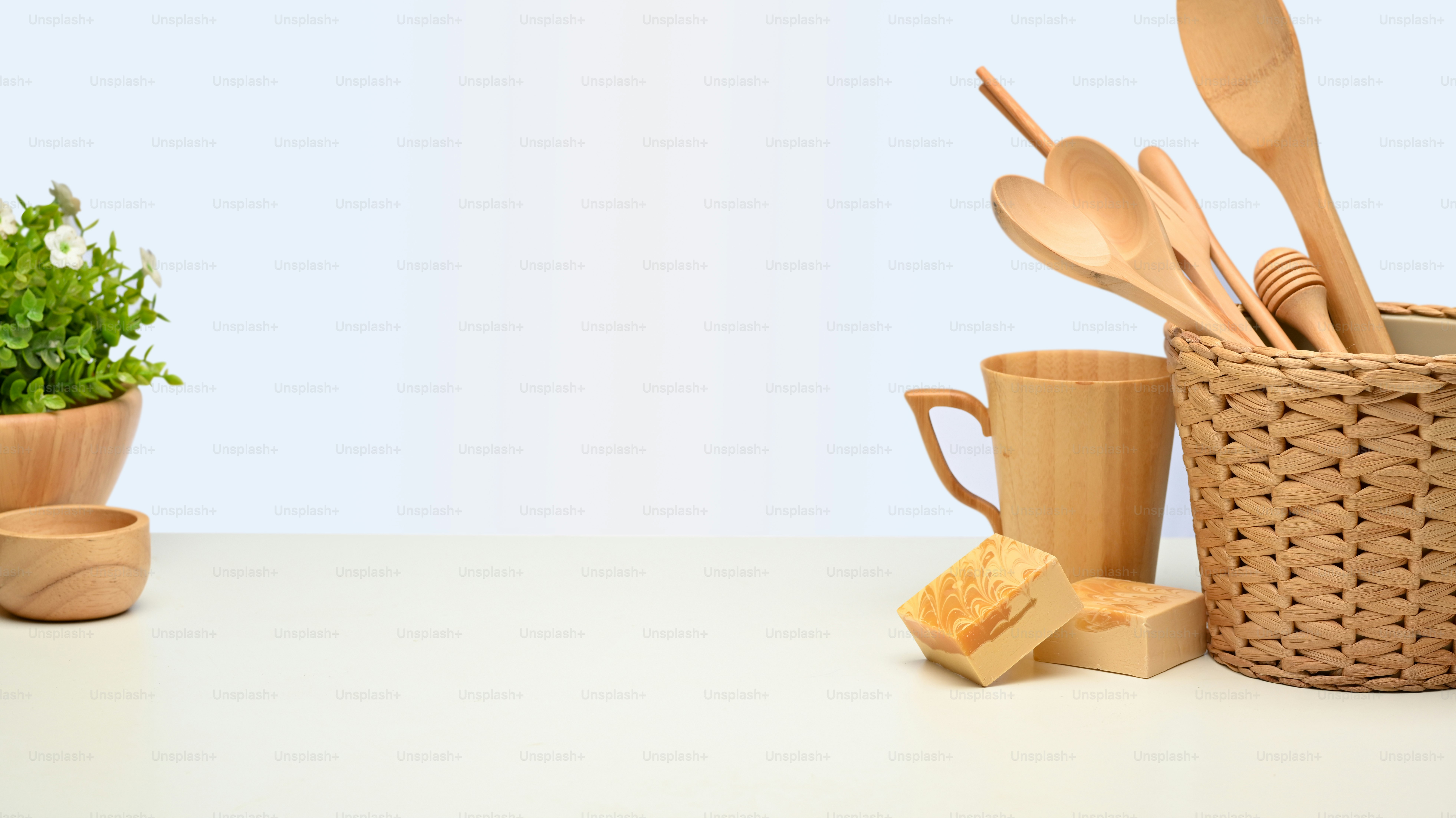 Creative mock up scene with wooden kitchenware and copy space on white ...