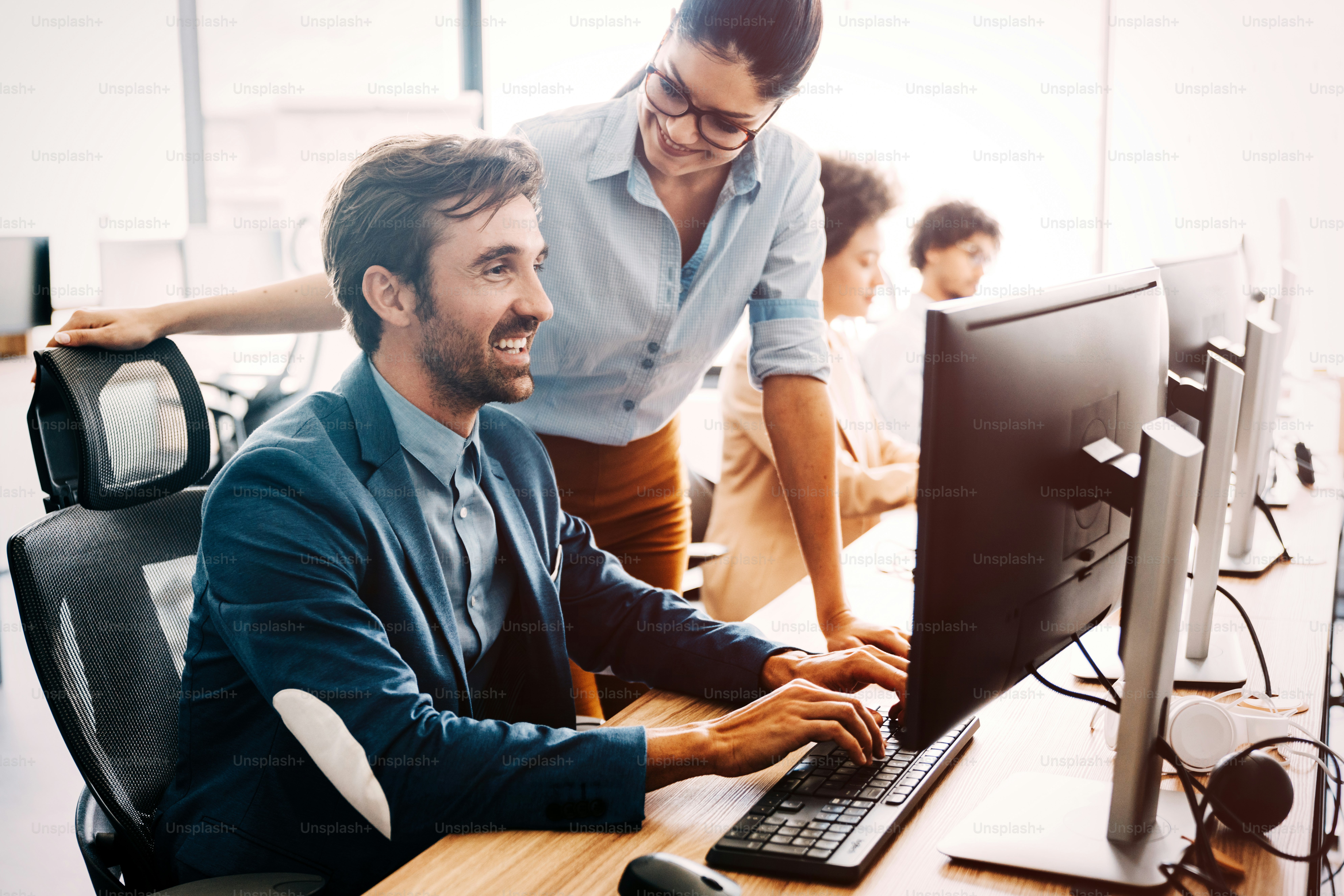 Group of diverse business people working at busy modern office photo ...