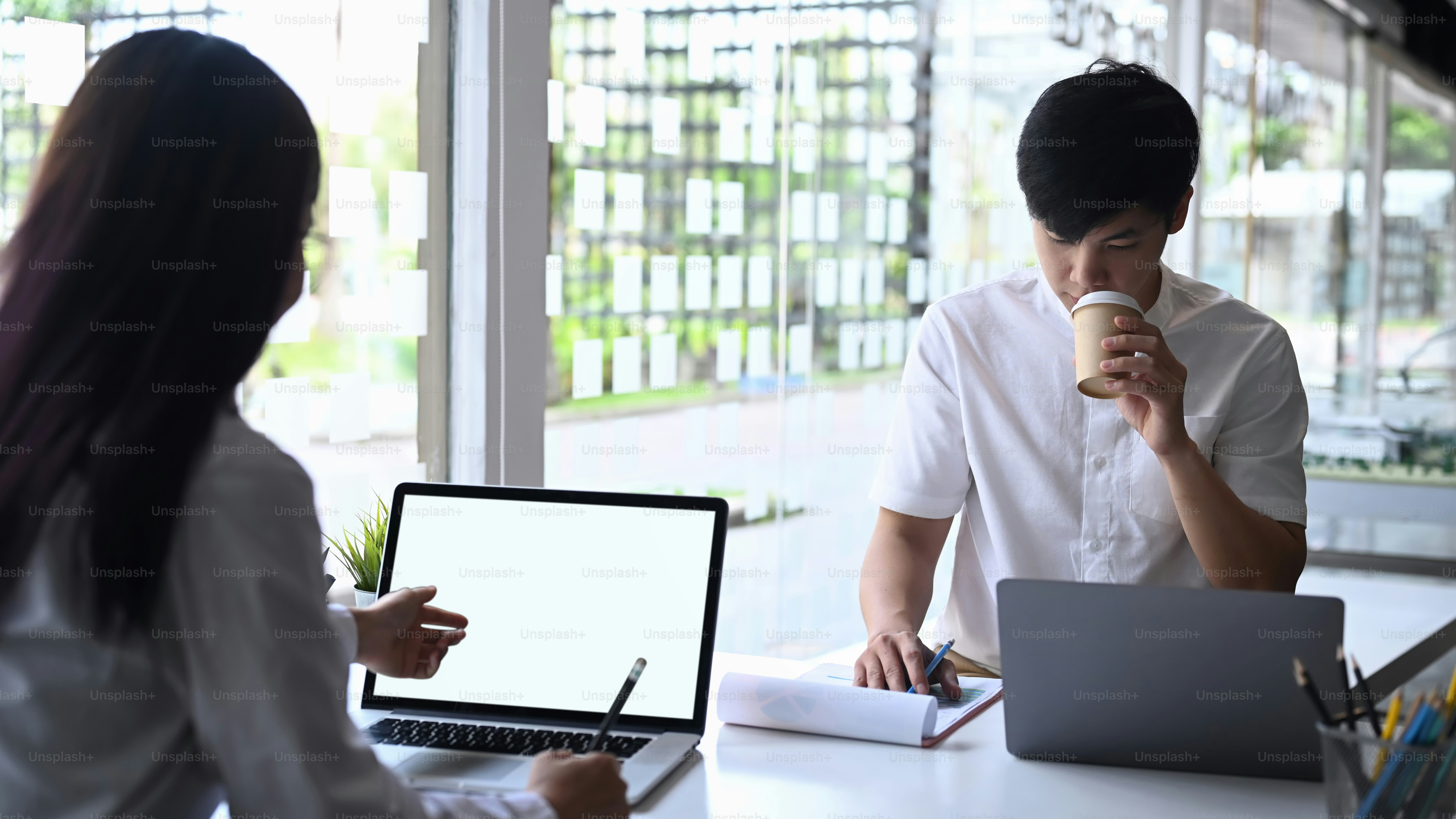 Two business colleagues discussing ideas of project offer in office ...
