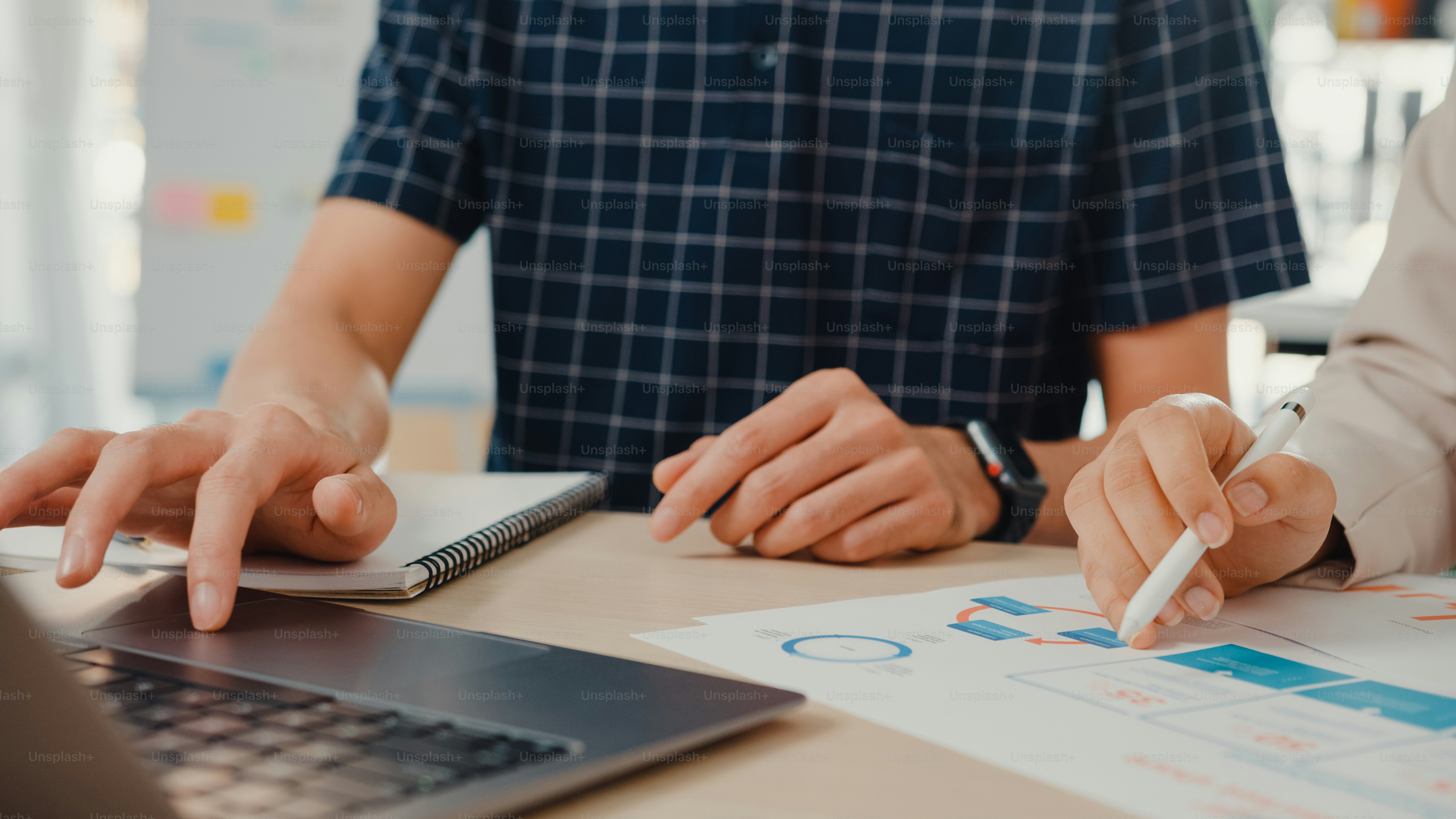 Close-up Young coworker asia creative businessman and businesswoman ...