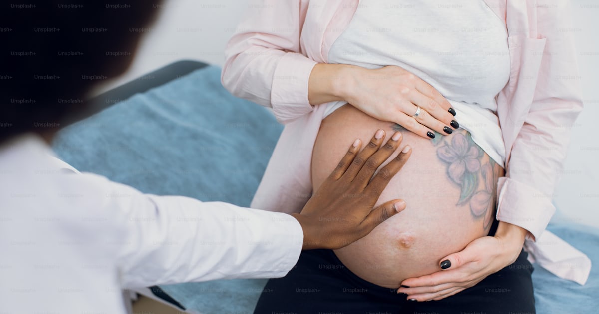 알아볼 수 없는 여성 흑인 의사 산부인과 의사의 자른 클로즈업 이미지 병원의 소파에 앉아 있는 젊은 임산부를 검사합니다 꽃