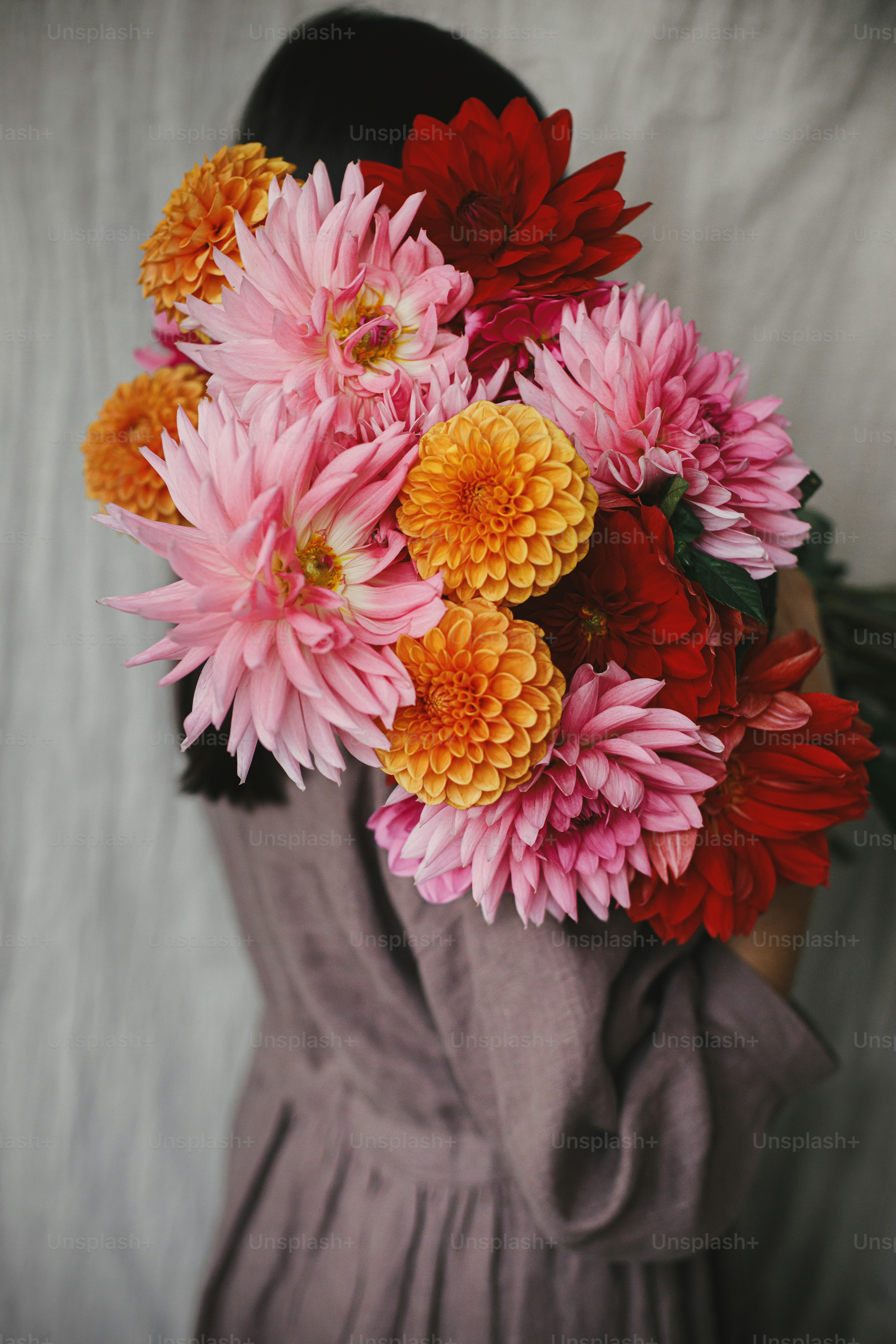 Autumn flowers bouquet in woman hands close up in rustic room. Woman in ...