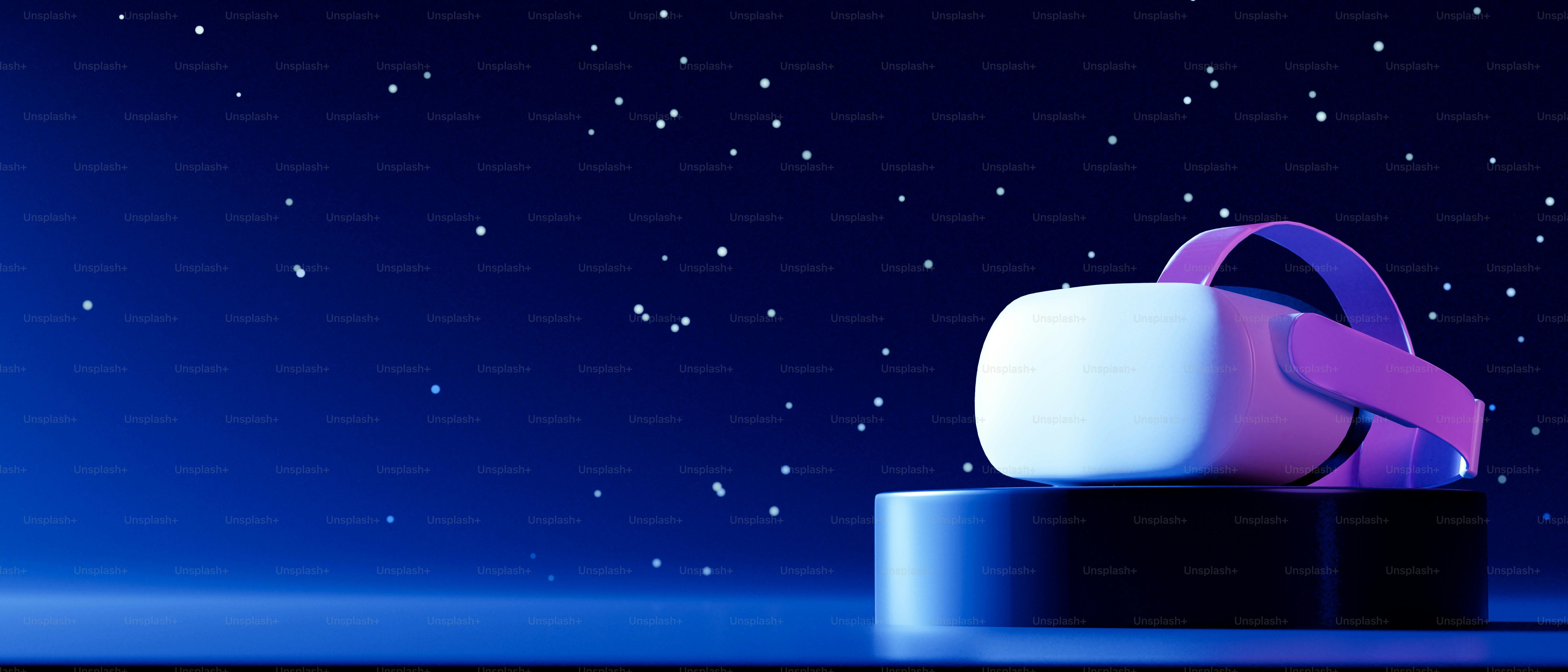 VR goggles on podium with stars in the dark sky, night sky, stars and ...