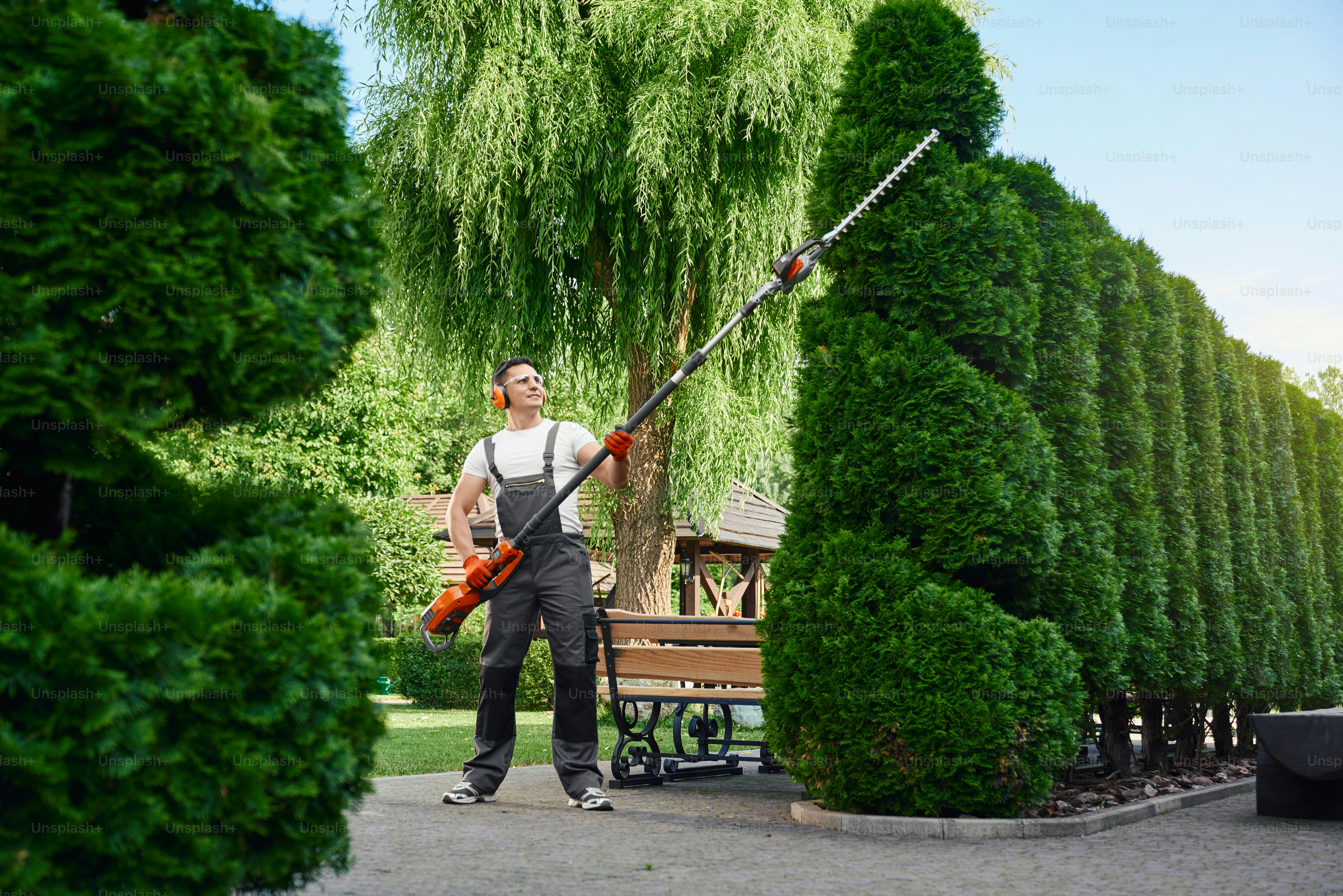Full length portrait of strong male gardener using electric trimmer for ...